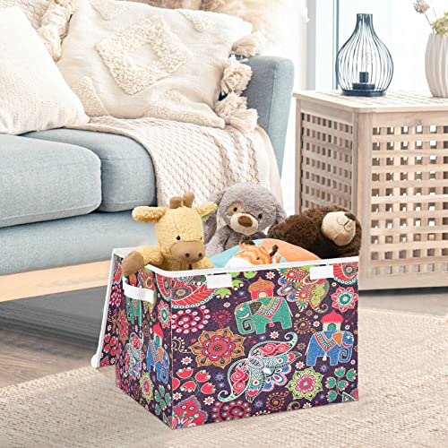 Paisley Elephant Storage Basket 16.5x12.6x11.8 In Collapsible Fabric Storage Cubes Organizer Large Storage Bin with Lids and Handles for Shelves Bedroom Closet Office