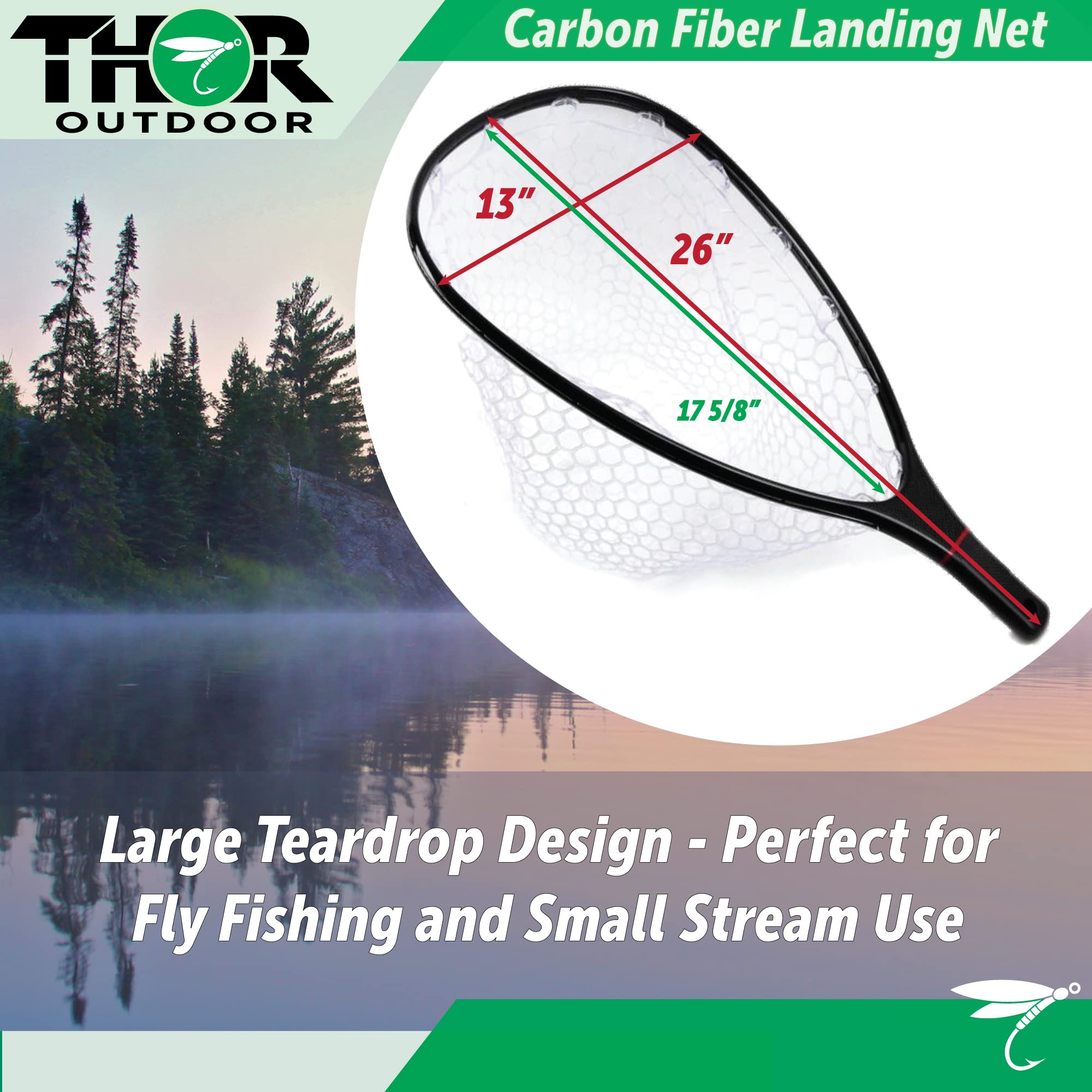 Thor Outdoor Carbon Fiber Fly Fishing Landing Net - Beautifully Made - Ultralight - Catch and Release Net with Soft Rubber Tangle Free Mesh (26 Inch)