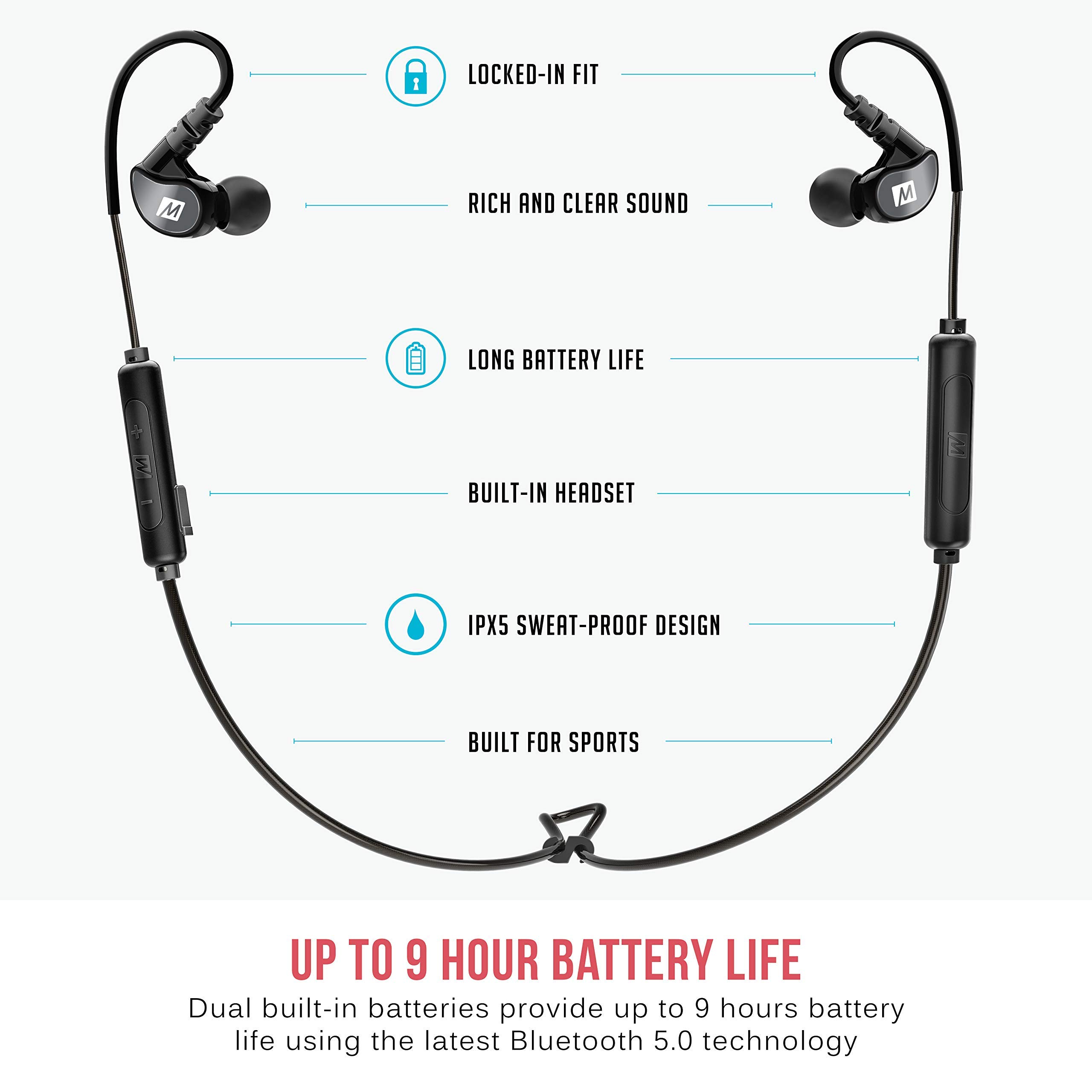 MEE audio M6B Bluetooth Wireless Sweatproof Sports in-Ear Headphones with Headset, Bluetooth 5.0, and 9 Hour Battery Life (Latest Version)