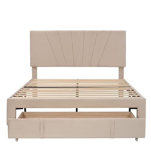 Livavege Queen Bed Frame with Wingback Headboard and Storage Drawers, Velvet Upholstered Platform w/Wooden Slats Support, Queen Size Bedframe No Box Spring Needed, Easy Assembly/Mattress Foundation