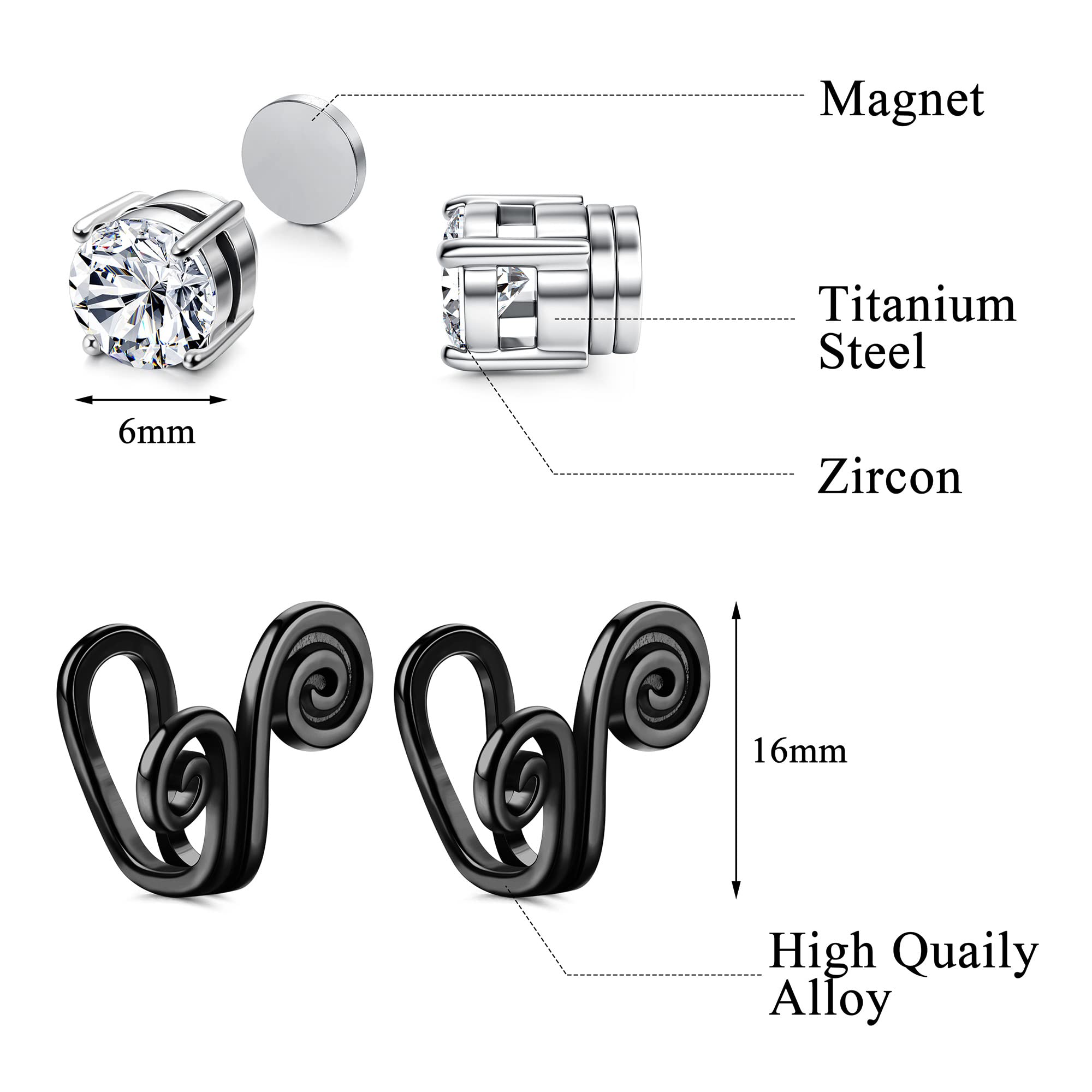THUNARAZ 6 Pairs Clip on Earrings for Women Men Shiny Round Square CZ Stud Earrings for No piercing Ears Jewelry