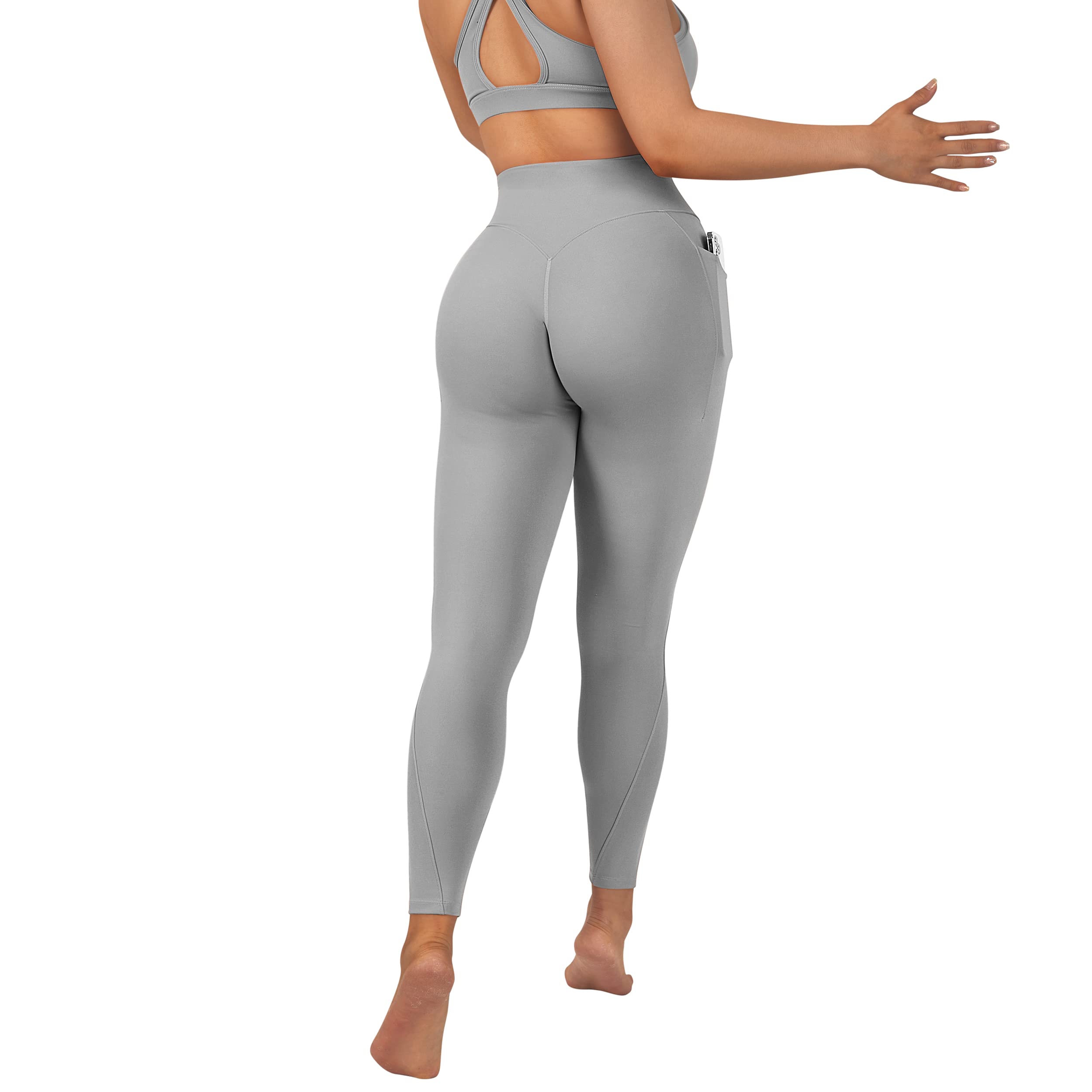 SUUKSESS Women Buttery Soft Tummy Control Leggings with Pockets No Front Seam Workout Yoga Pants (Light Grey, L)