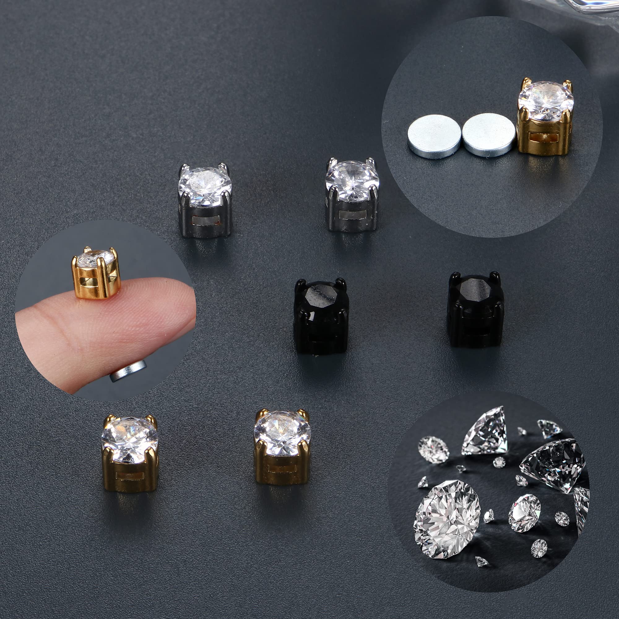 THUNARAZ 6 Pairs Clip on Earrings for Women Men Shiny Round Square CZ Stud Earrings for No piercing Ears Jewelry