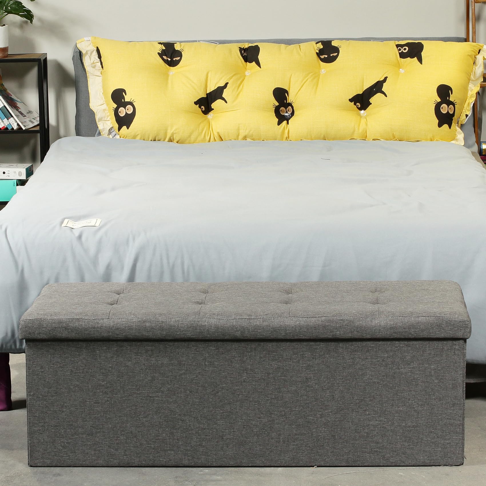PINPLUS Folding Storage Ottoman Bench, Grey Linen Long Storage Chest Foot Rest Stool with Padded Seat, Toy Chest with Tray, Bedroom Bench with Storage, 43.3inches