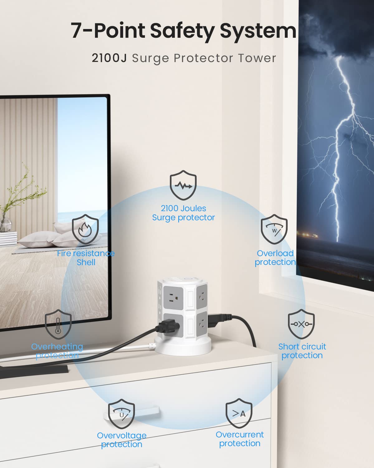 TROND Surge Protector Power Strip Tower, 14 Widely Spaced Outlets 4 USB Chargers, 6ft Extension Cord with Multiple Outlets, Flat Plug, 2100J, Overload Protection for Home Office Desk, Dorm Essentials