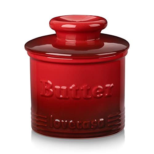 Porcelain French Butter Crock, LOVECASA Butter Dish for Counter with Water Line, Butter Keeper with Lid, Ceramic Butter Container, No More Hard Butter, Perfect Spreadable Consistency(Red)