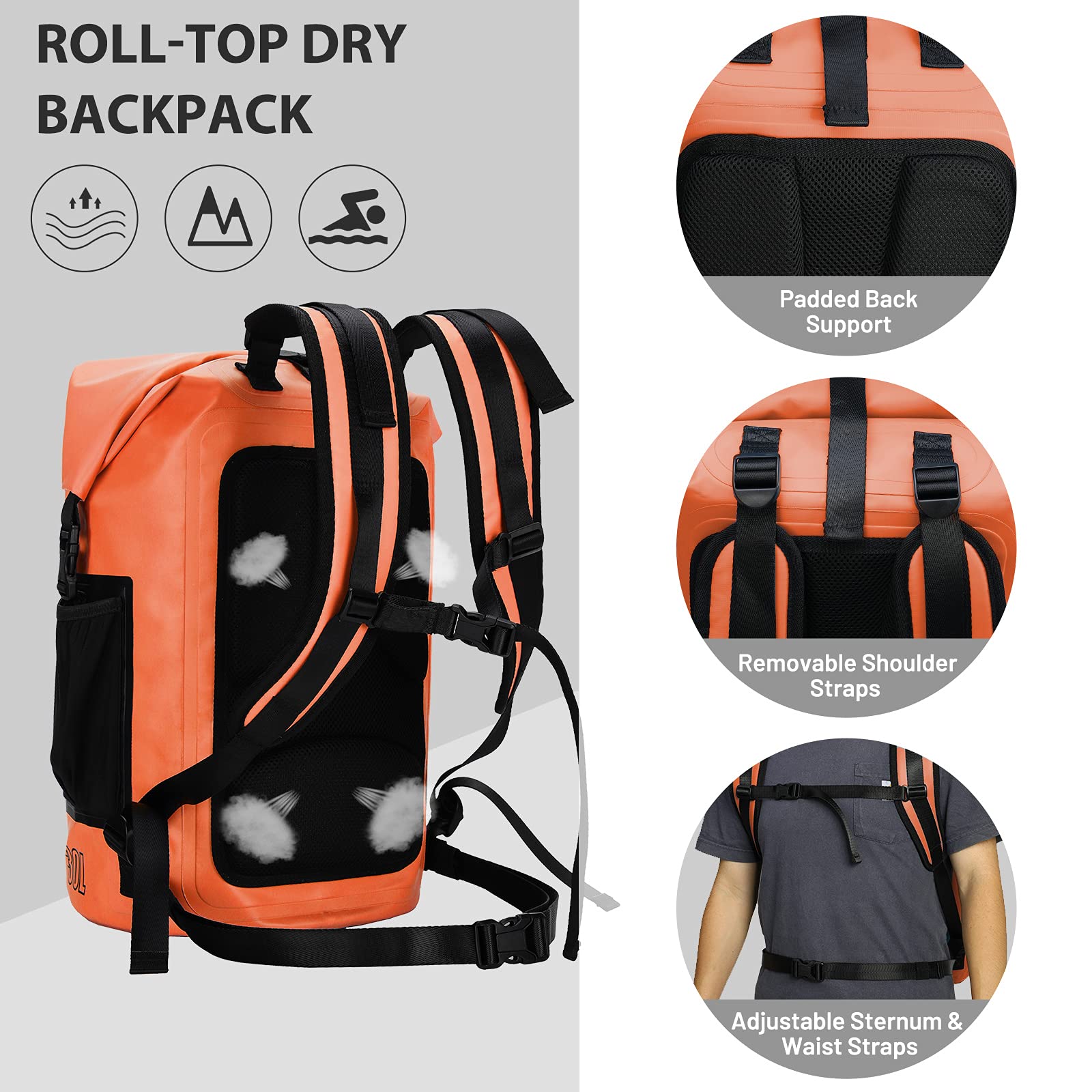 Nepest Waterproof Dry Bag Heavy Duty Roll Top Floating Dry Backpack with Easy Access Front Zipper Pocket for Kayaking,Boating,Rafting,Hiking,Camping,Beach,Orange 40L