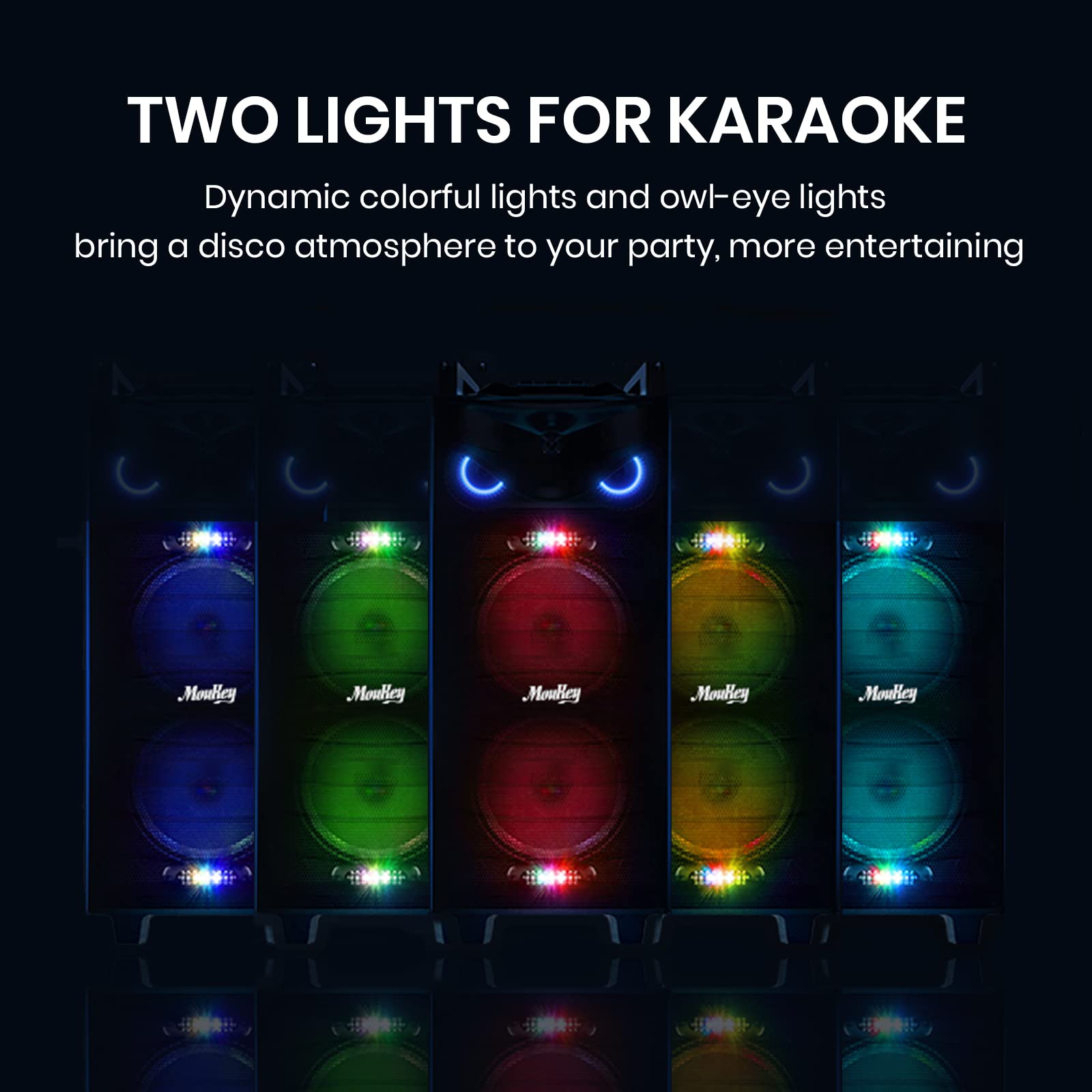 Moukey Karaoke Machine, PA System Double Woofer for Party, Portable Bluetooth Speaker w/ 2 Wireless Microphone, Disco Lights and Echo/Treble/Bass Adjustment, Support TWS/REC/AUX/MP3/USB/TF/FM