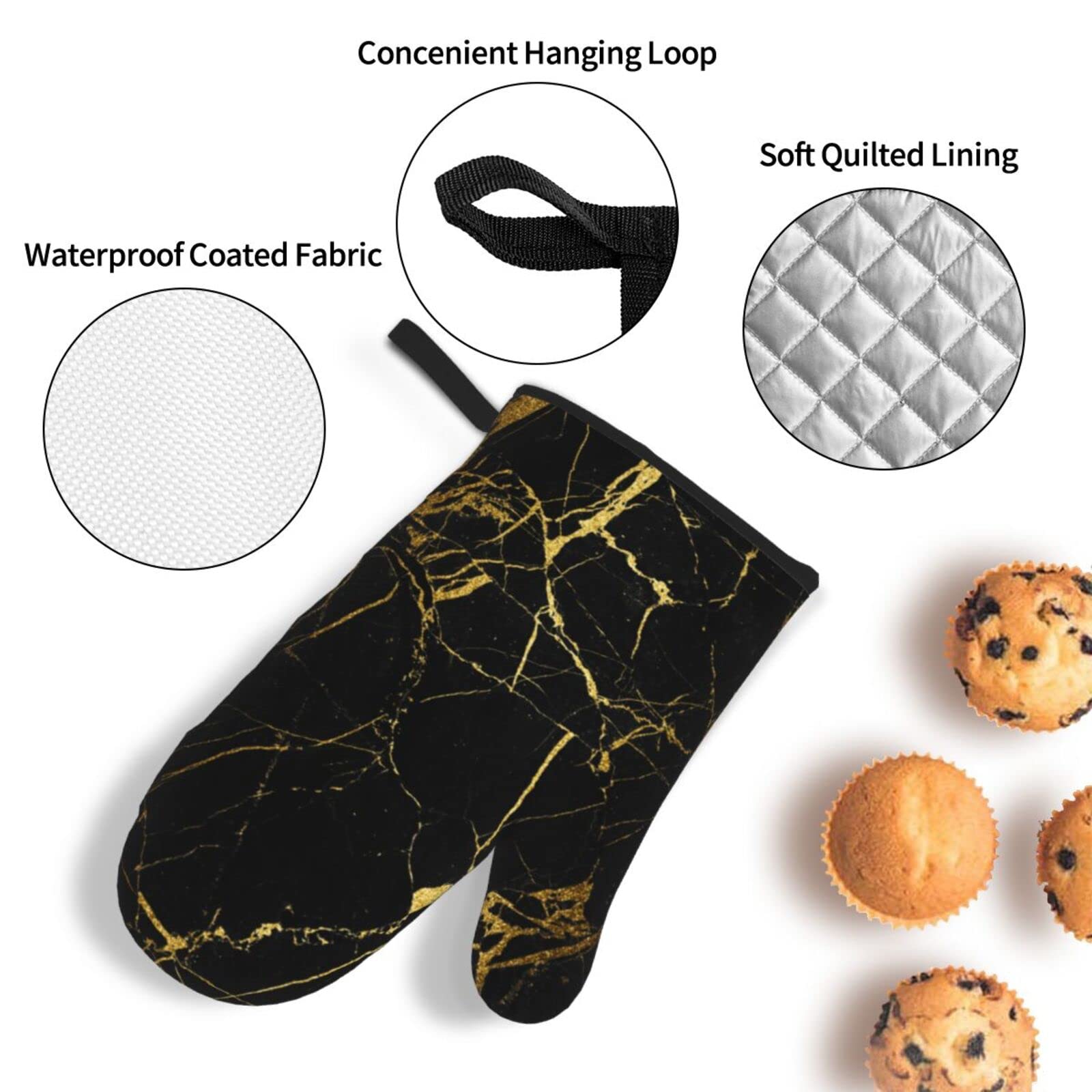 RENGMIAN Black Gold Marble Oven Mitts and Pot Holders Heat Resistant Oven Gloves Safe Cooking Baking Grilling