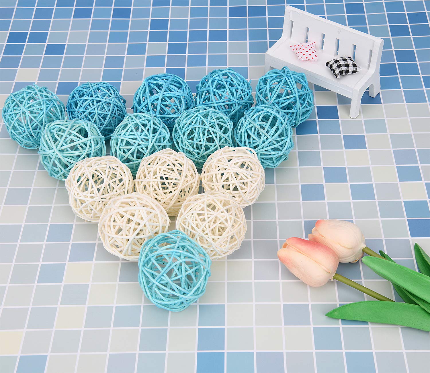 Lulonpon Wicker Rattan Balls Decorative Orbs Vase Fillers for Craft Project, 15pcs 2.36" Wedding Table Decoration,Themed Party,Aromatherapy Accessories,Comes with Rope (15, Blue-2)