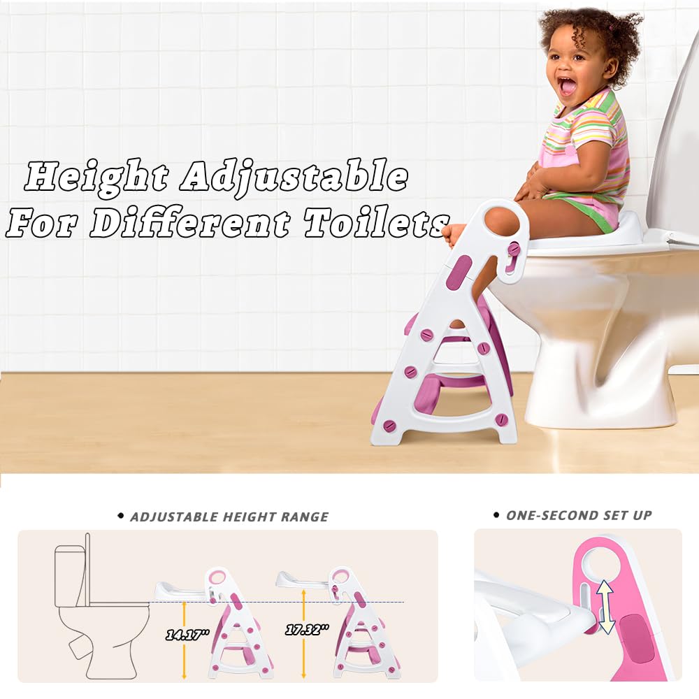 Potty Training Seat & Toddler Step Stool, Ultimate Stability Toddler Toilet Seat, Adjustable Step & Seat Height Potty Seats for Toddlers Girls(Pink)