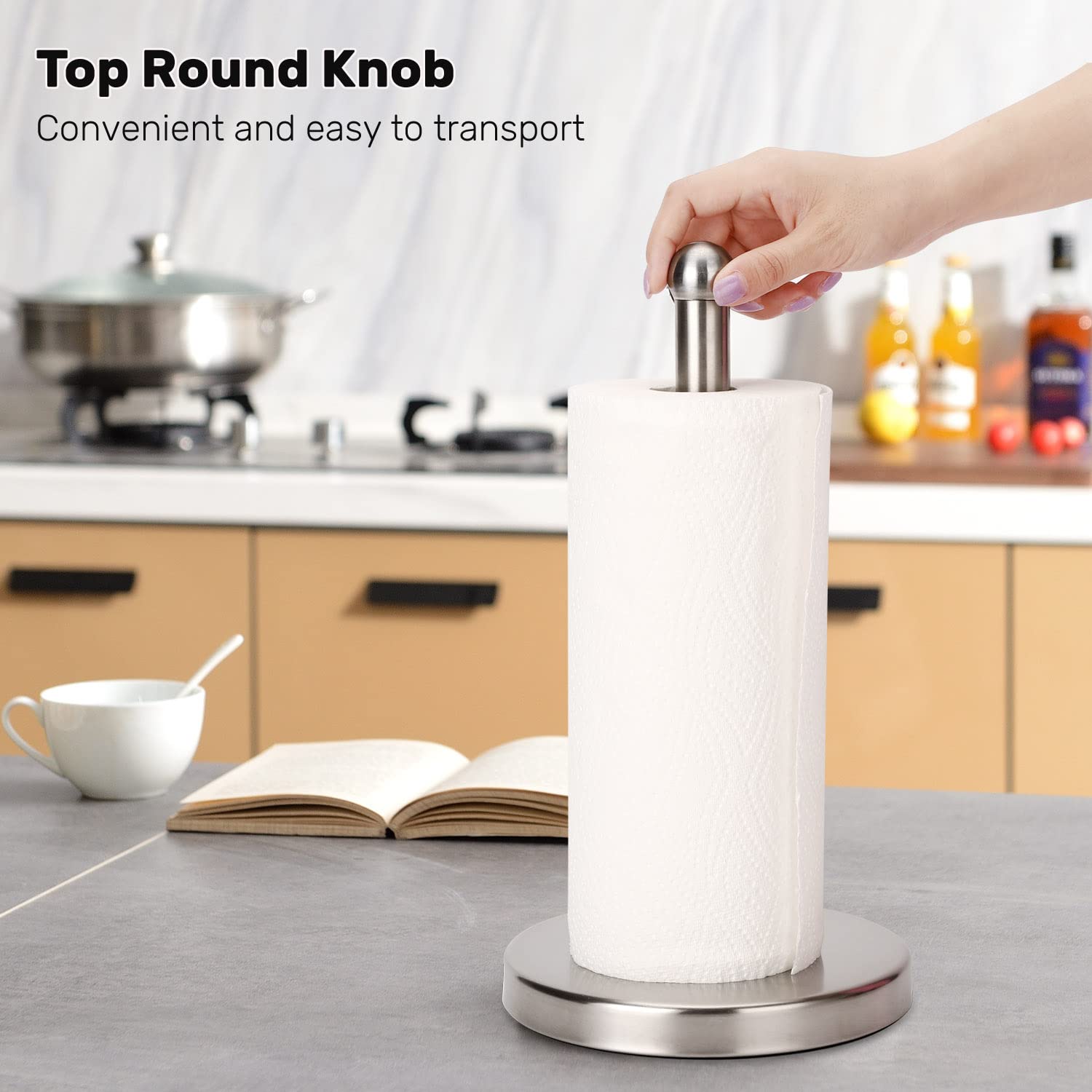 Paper Towel Holder Countertop with Heavy Base, Standing Paper Towel Roll Holder for Kitchen Bathroom, Paper Towel Holder Stand with Weighted Base for One-Handed Operation