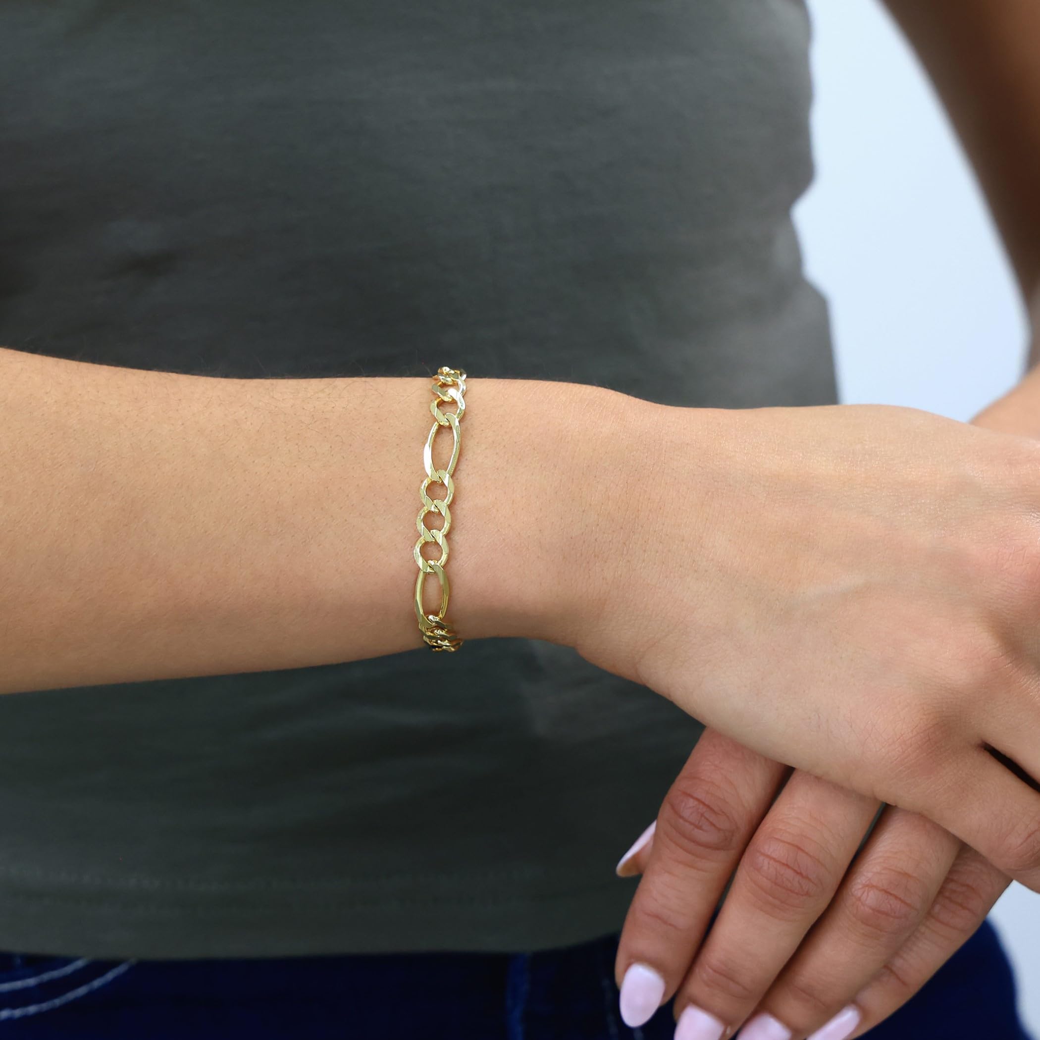 Nuragold 10k Yellow Gold 6.5mm Solid Figaro Chain Link Bracelet, Mens Womens Jewelry 7" 7.5" 8" 8.5" 9"