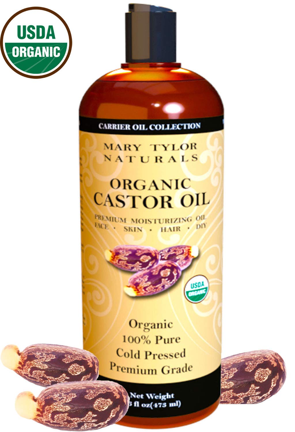 Mary Tylor Naturals Organic Castor Oil 16 oz โ USDA Certified Cold Pressed, Hexane Free, 100% Pure and Natural
