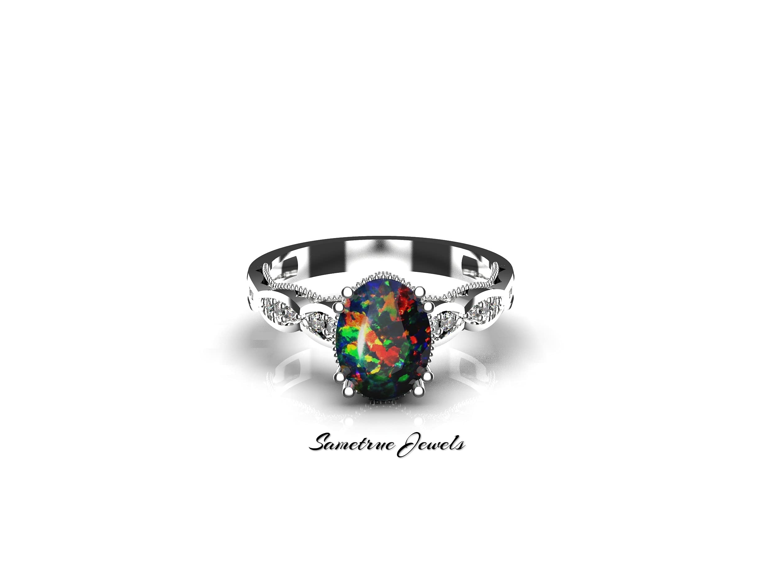 Sametrue Jewels Black Fire Opal Ring in 14k Gold, Black Oval Ring (yellow-gold, 8.5)