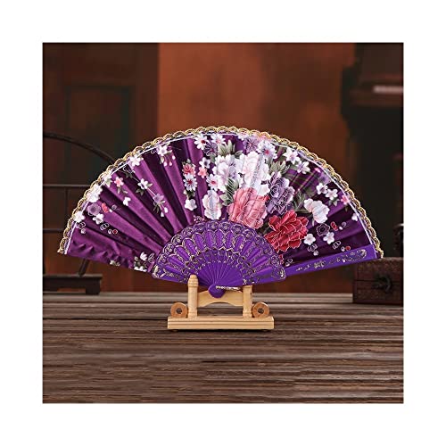 PBLCYUT Style Hand Held Folding Dance Fan Wedding Party Lace Silk Folding Hand Held Flower Fan Summer Wedding Fan Party (Color : Purple)