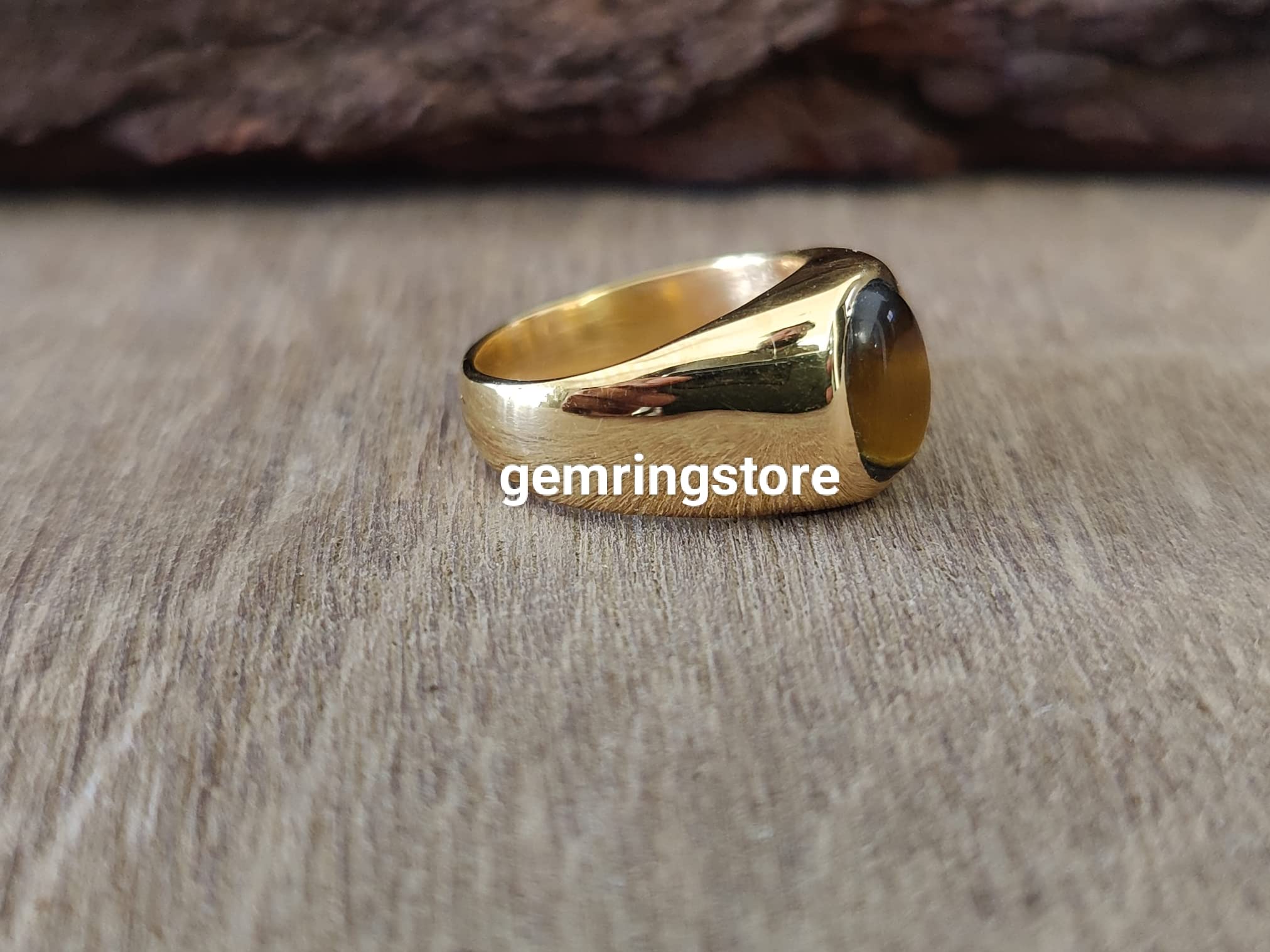 Tiger Eye Ring, Women Ring, Mens Tiger Eye Gemstone Ring, 925 Sterling Silver Ring, 22k Gold fill, Gemstone Signet Ring, Handmade Ring, Gift Ring (Yellow Gold Plated, 10.5)