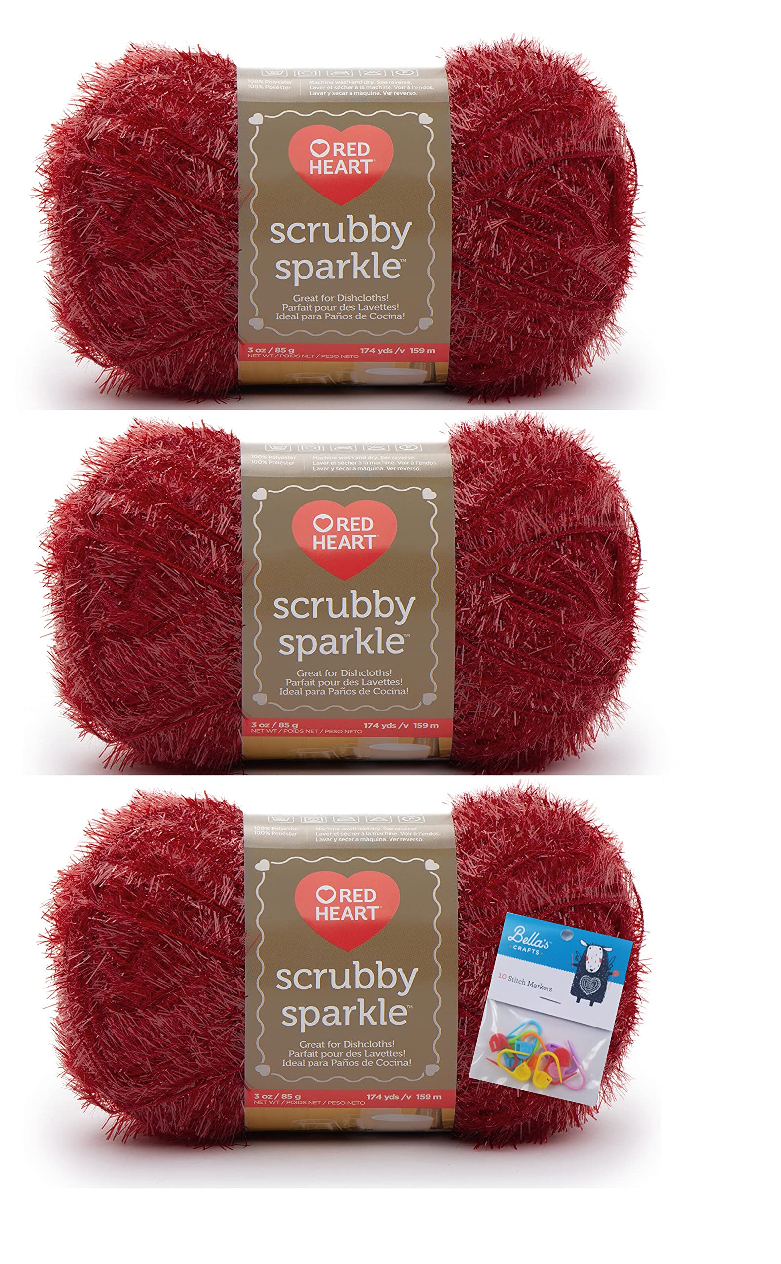 Red Heart Yarn Scrubby Sparkle Yarn - Strawberry - 3 Pack Bundle with Bella Crafts Stitch Markers