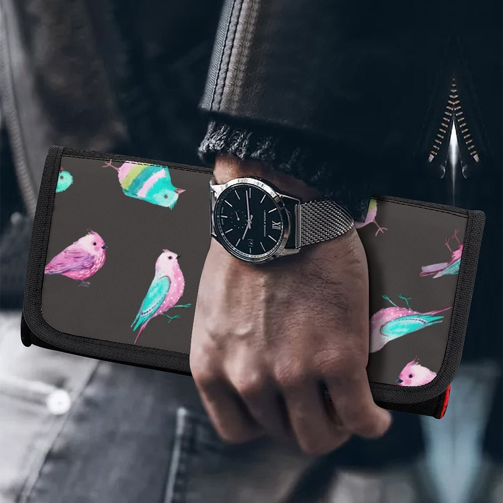 Watercolor Bird Pattern Carrying Bag Compatible with Switch Protective Case Slim Felt Pouch with 5 Game Cartridges Holders