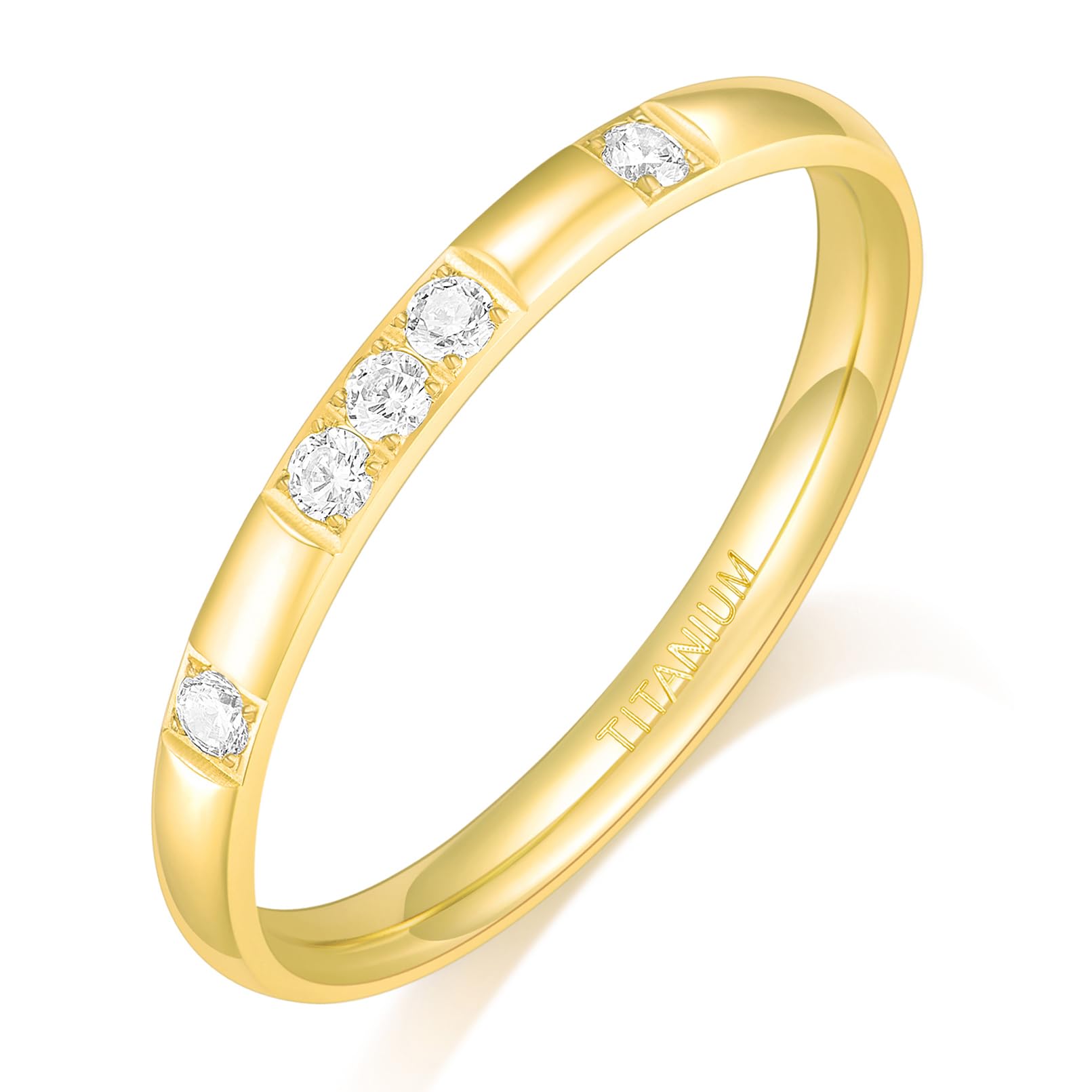 TIGRADE Women Titanium Ring Cubic Zirconia Eternity Ring for Her, 18K Gold Plated Dome High Polished Wedding Band Comfort Fit Size 4-11, White, Size 5