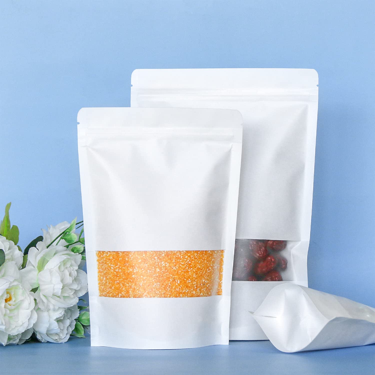 SumDirect White Kraft Stand Up Bags Pouches Resealable Bag with Zip Lock and Matte Window for Food Storage, 5.9x8.6 Inches, 13oz, Pack of 50