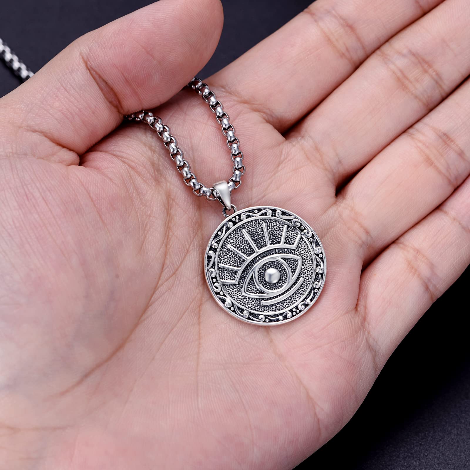 PDTJMTG Evil Eye Necklace Sterling Silver Evil Eye Pendant with 22”+2” Stainless Steel Chain Gift for Men Women