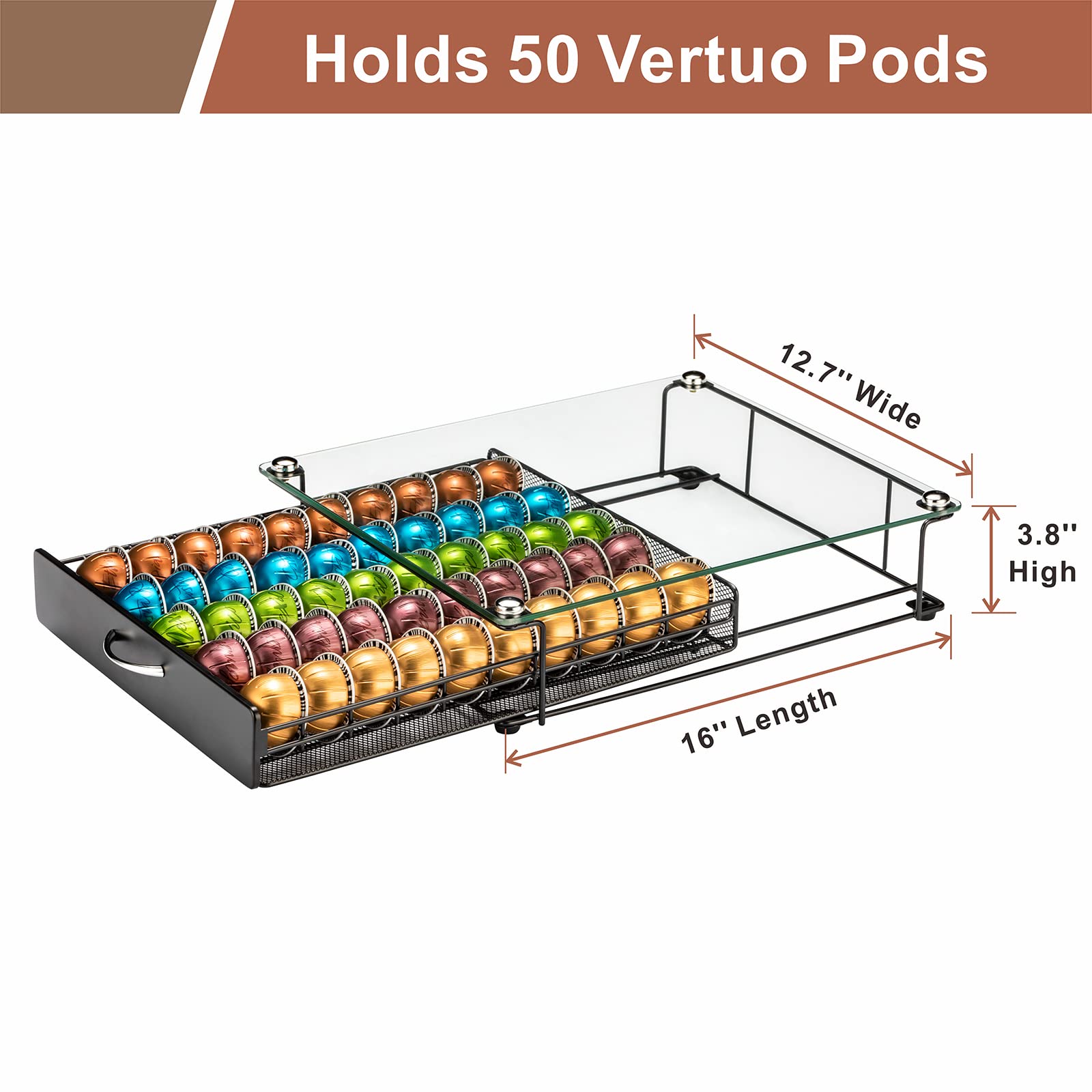Rice rat Coffee Vertuo Capsule Holder Drawer for Nespresso With Glass For Cabinet Vertuoline Pod Storage Rack For Counter (Class-50 Pods(With handle))