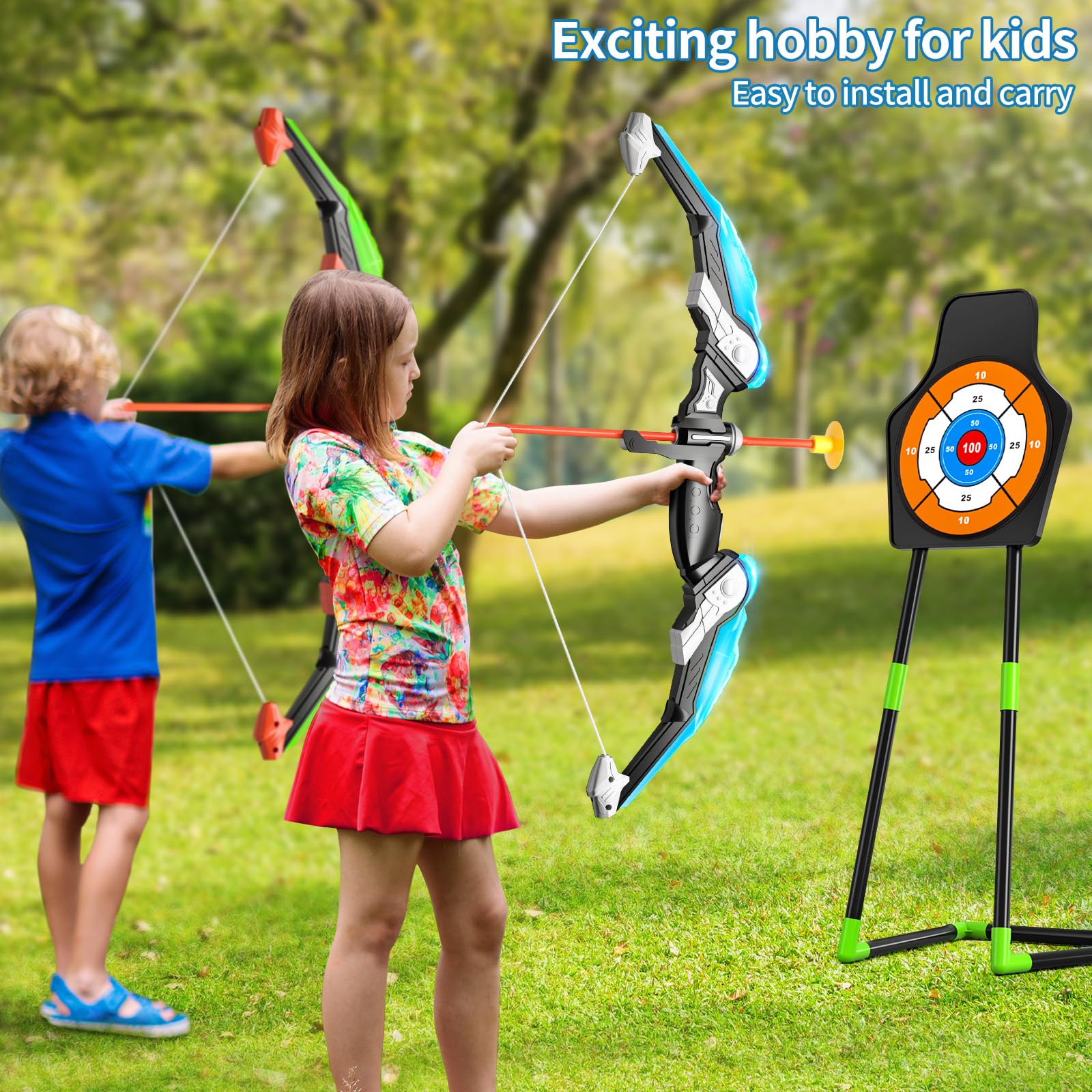 TEMI 2 Pack Archery Set - Includes 2 Bows, 20 Suction Cup Arrows & 2 Quivers & Standing Target, Outdoor Light Up Toys for Kids Boys Girls