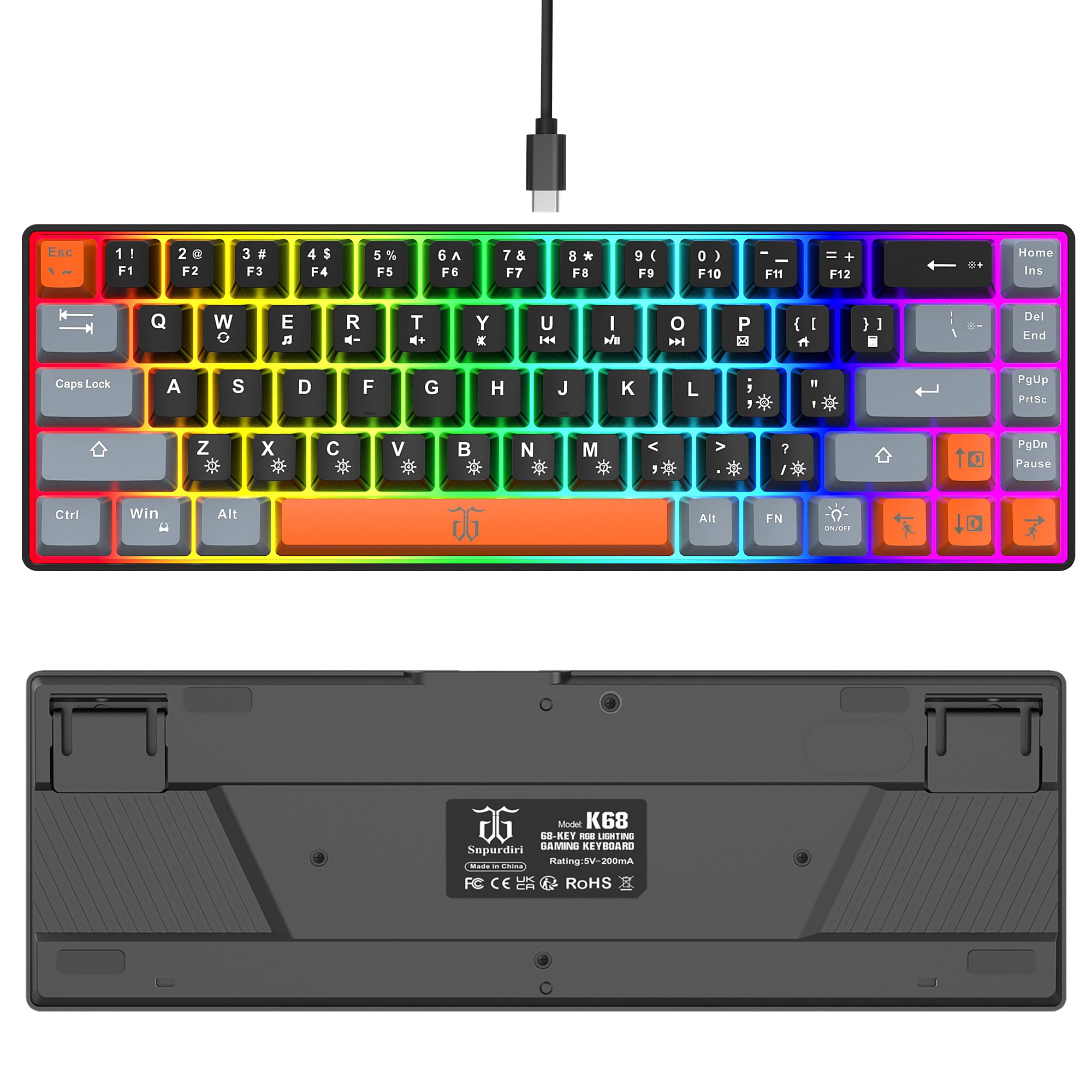 Snpurdiri 60% Gaming Keyboard, RGB Backlit Mini Keyboard,Built-in Steel Plate, Membrane Keyboard but Super Mechanical Feel for Windows PC Gamers(68 Keys,White-Black)