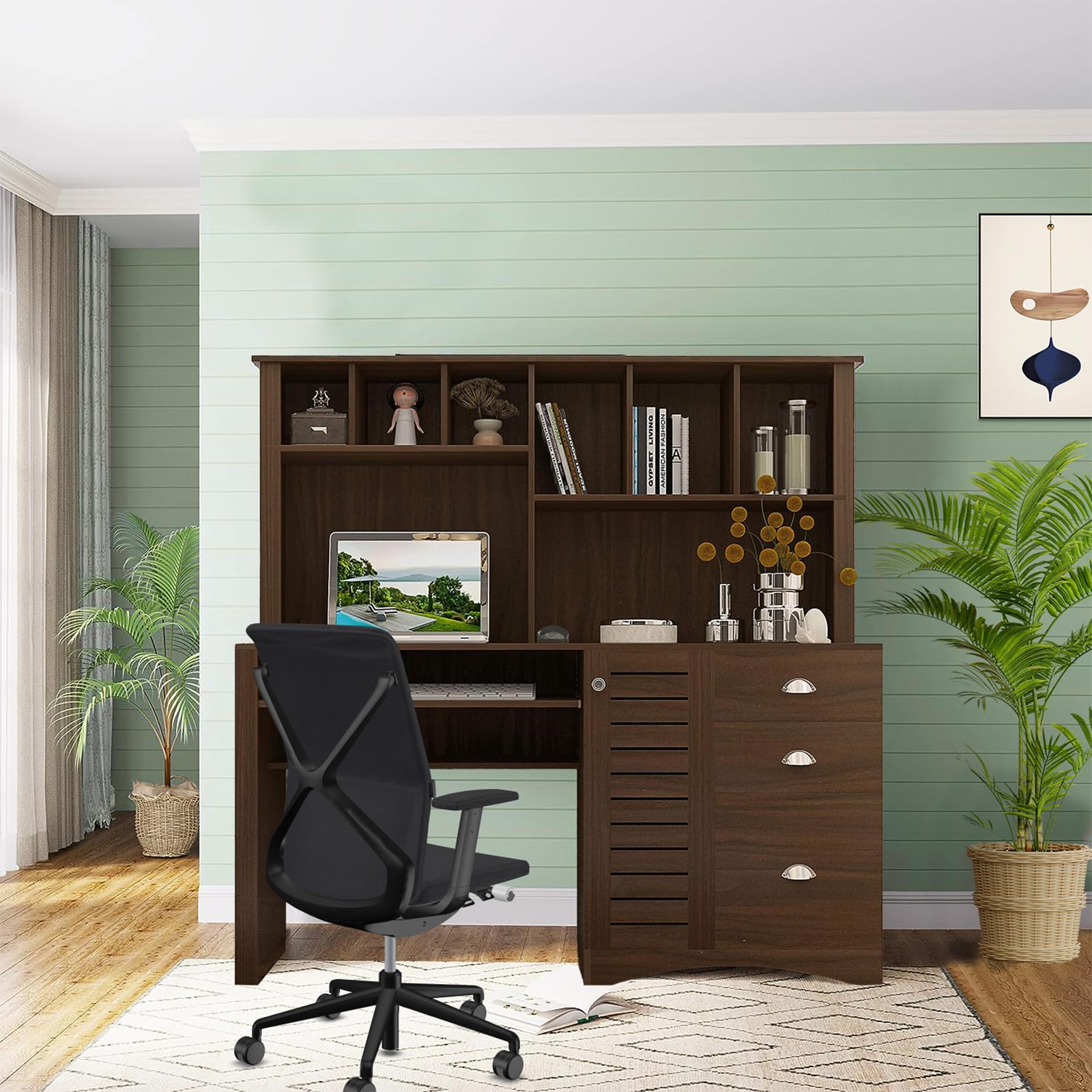 MAXTRAL Computer Desk with Hutch,Home Office Wood Executive Desk with Drawers,Open Shelf,Writing Laptop Table with Keyboard Tray,File Cabinet Computer Desk for Bedroom,Walnut