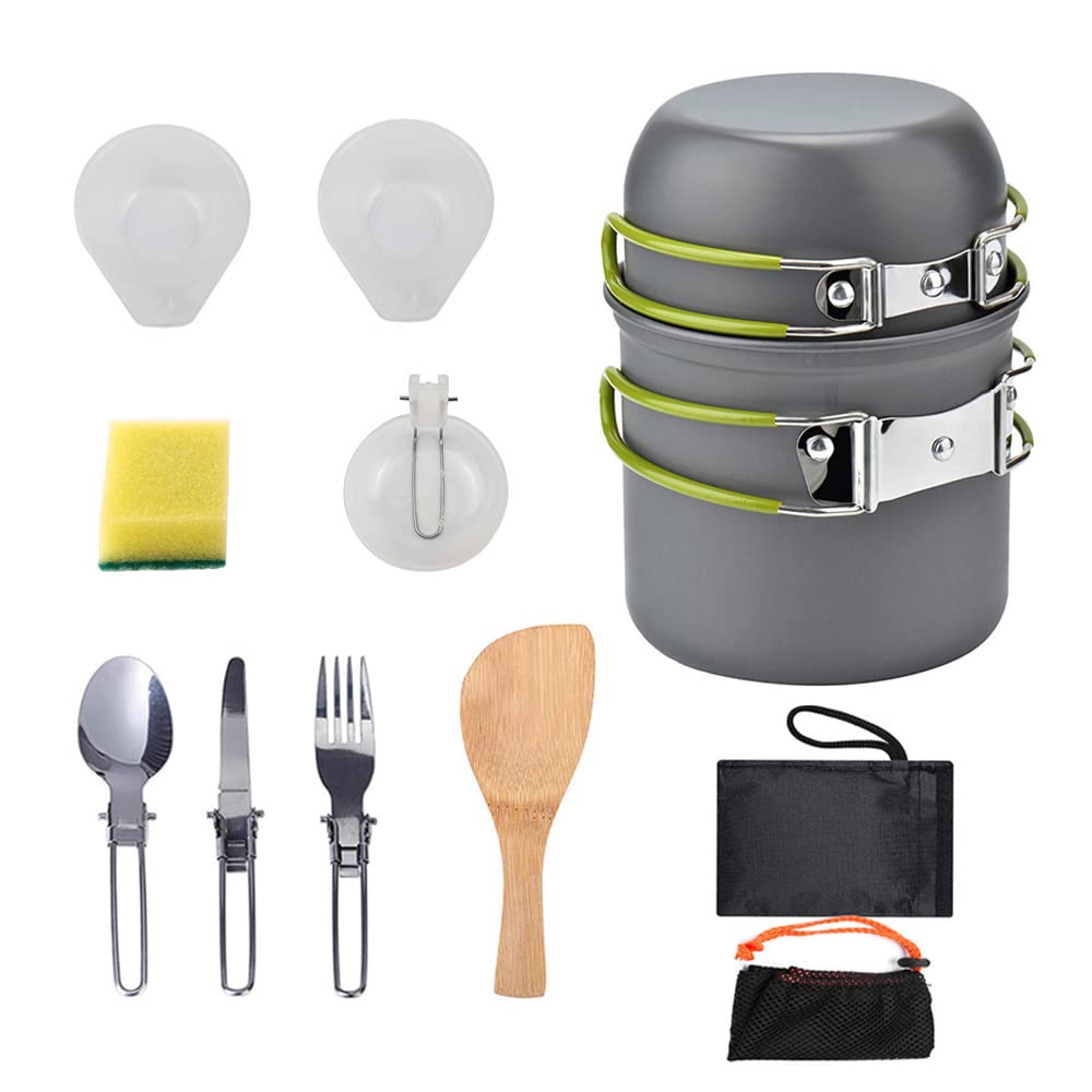 Tempsnow 12PCS Camping Cookware Mess Kit for 1-3 Person,Aluminum Compact Camping Pots and Pans Set with Mesh Carry Bag for Hiking Cooking and Picnic