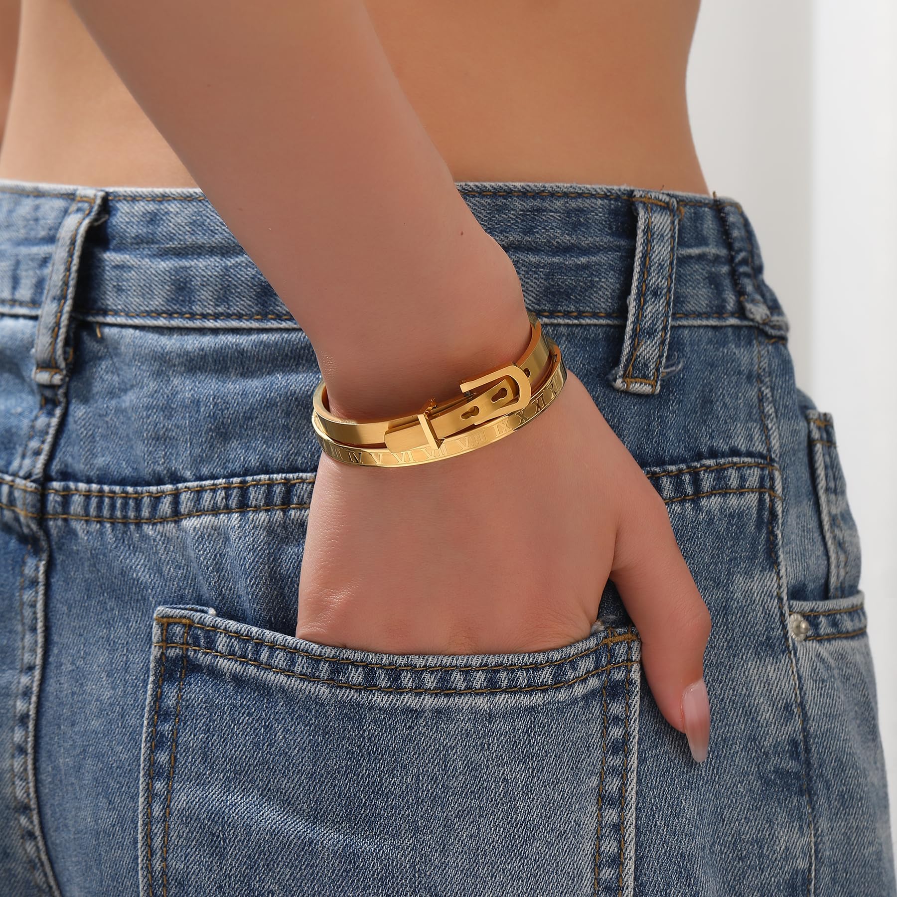 MAOCEN Women's Stainless Steel Bracelet Gold Plated Cuff Bangle With Cube Zircon Hinge Jewelry oval Bangle Witness the Gift of Love (6mm Glod 2pcs-A)