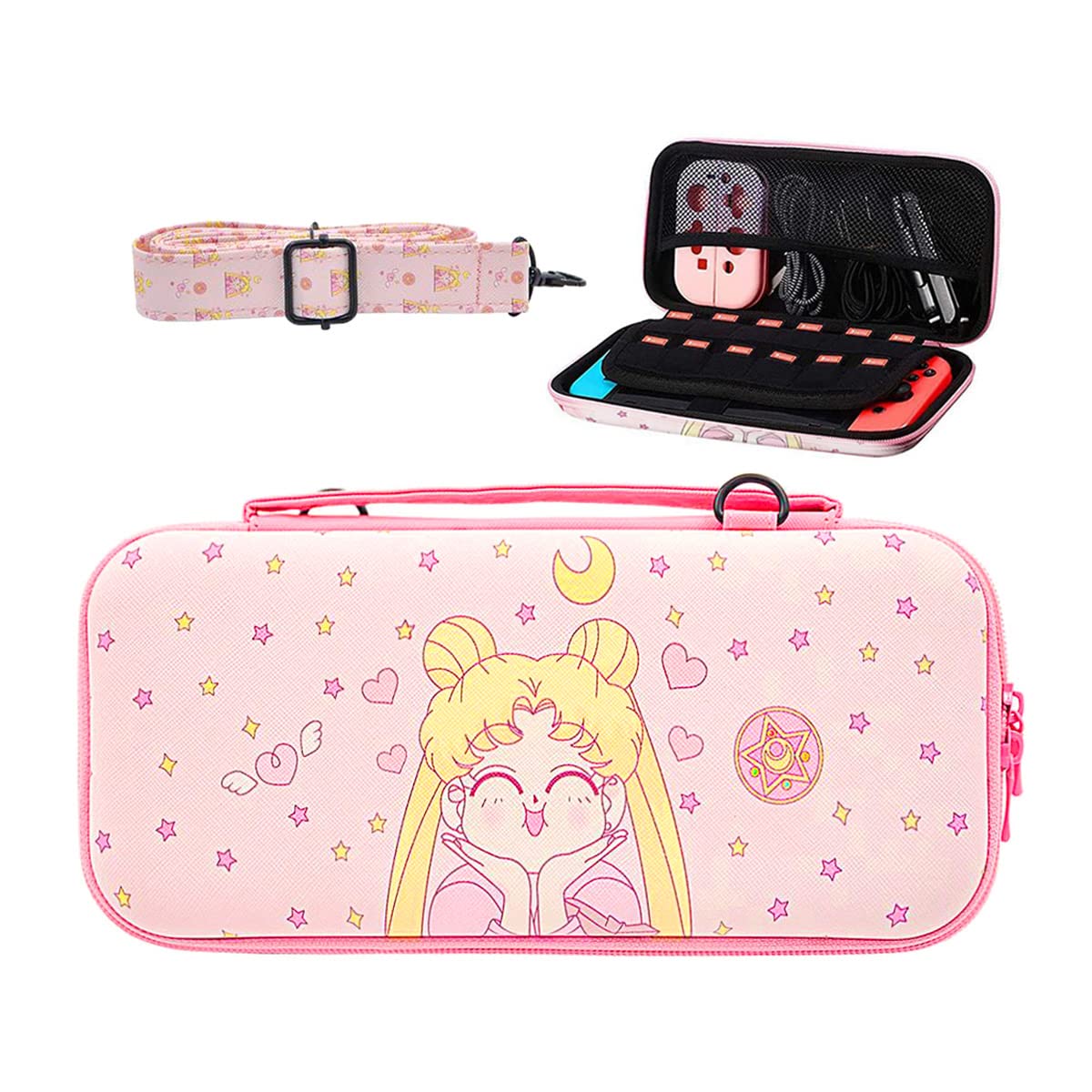 NocksyDecal Carrying Case Compatible with Nintendo Switch & OLED Mode, Cute Pink Sailor Moon Accessories Portable Travel Case with Shoulder Strap for Switch Hard Carry Case for Girls