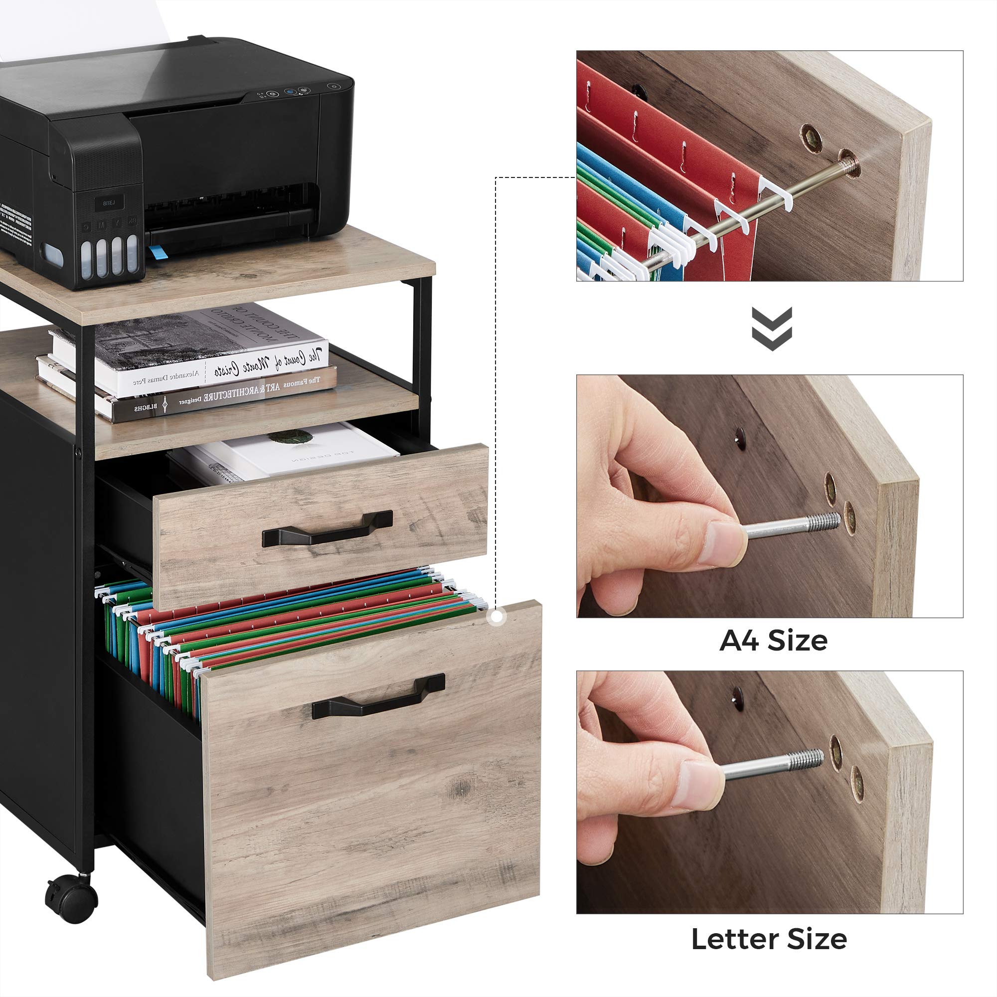 VASAGLE Ladder Shelf and Rolling Filing Cabinet Bundle, Industrial Style Office Storage Units, Mobile Cabinet on Wheels with Drawers, Greige and Black ULLS44MB and UOFC071B02