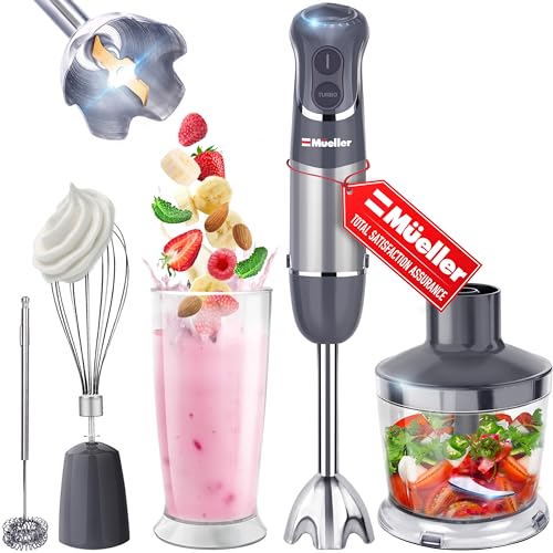 Mueller Pro Series Hand Blender, 500W Immersion Blender, Heavy-Duty Titanium Steel Blades, Stepless Speed Control, Detachable Shaft, Ergonomic Handle, Dark Gray