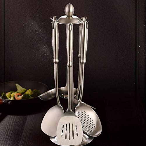 LMMDP 7pcs Kitchen Utensil Set Stainless Steel Turners Spatula Spoon Shovel Colander Rice Scoop Durable Cooking Tool Set Storage Rack