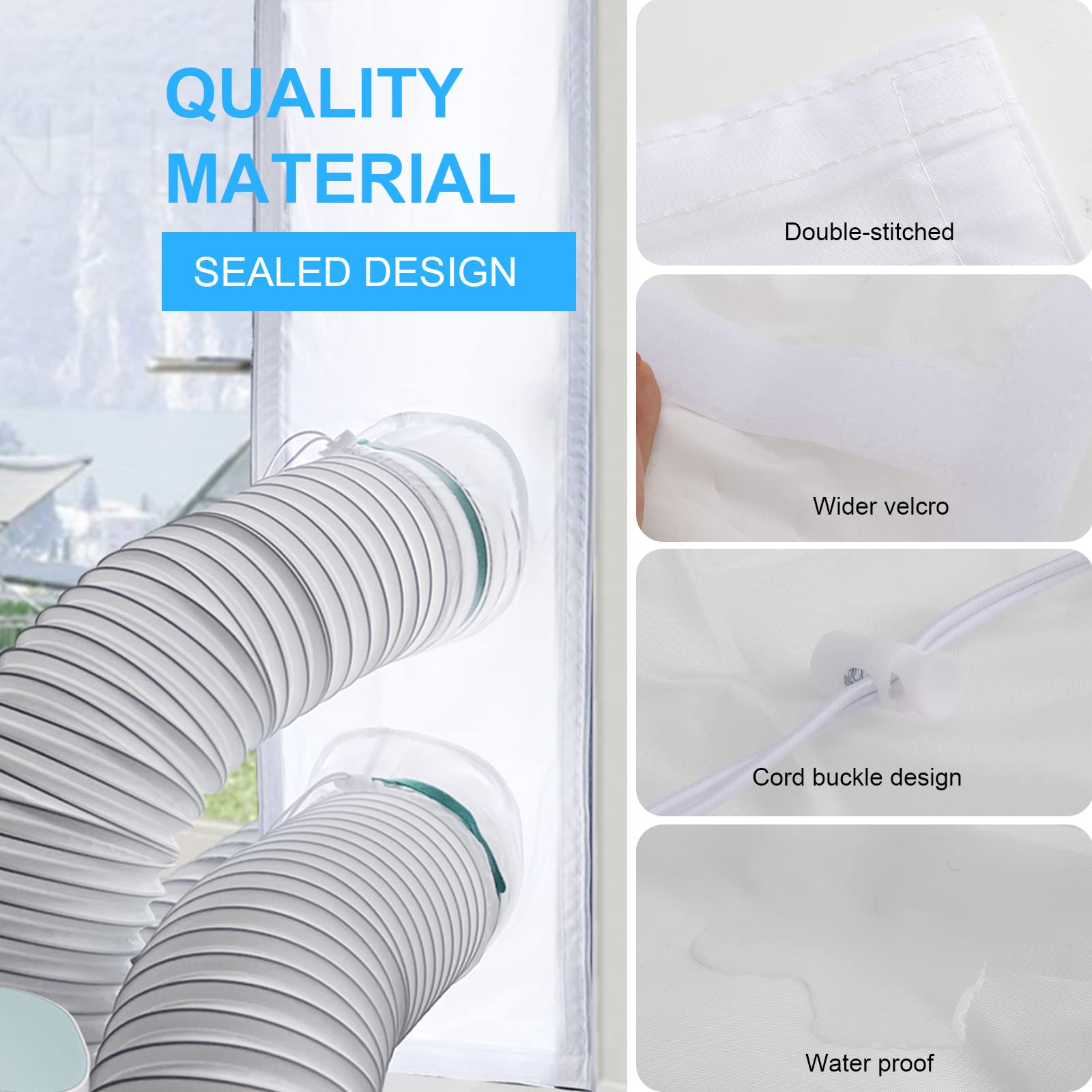 Vansza Portable AC Window Seal Kit, Upgraded 100% Sealed One-Piece Design Window Seal for Portable Air Conditioner with Drawstring and Adhesive Fastener (Dual-Hose Design 25 * 102~162cm)