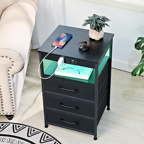 LOAKEKEL Night Stand Set 2, LED Nightstand with Charging Station, End Tables with USB C Port and Outlets, Bedside Table with 3 Storage Fabric Drawers for Bedroom, Small Space, Black, HNS023BK