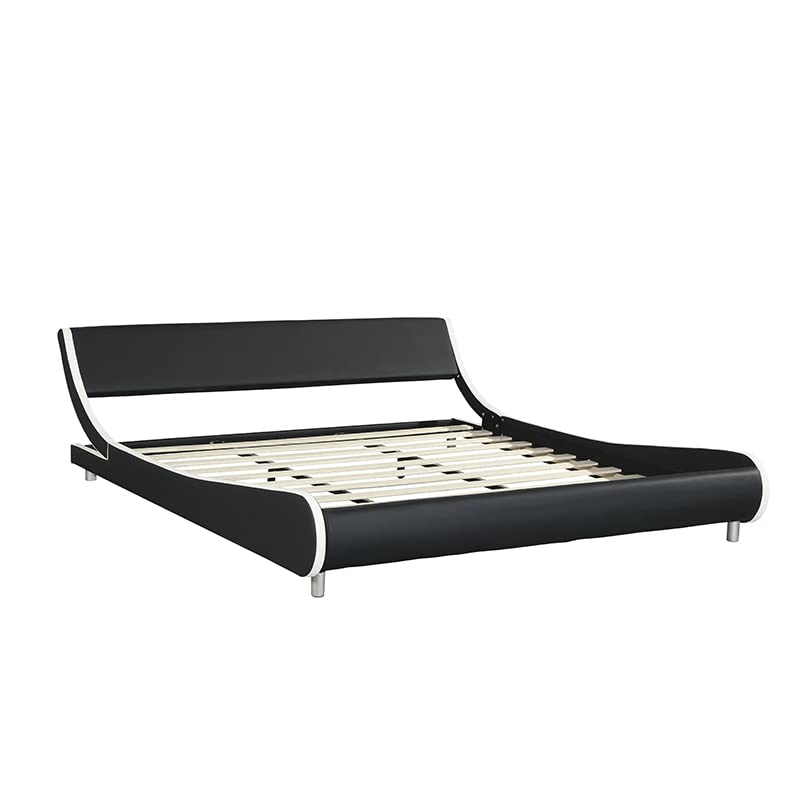 MegaChunk Faux Leather Upholstered Platform Bed Frame, King Size, Curve Design, Wood Slat Support, No Box Spring Needed, Easy Assemble, Black+White