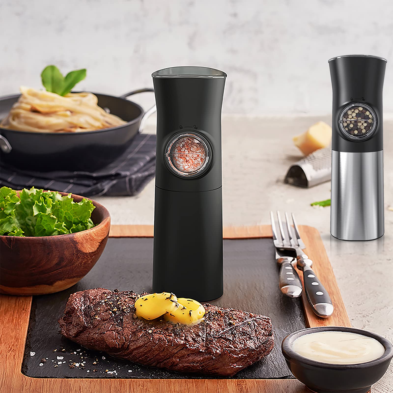 Pepper Grinder, JEKSSTB Battery Operated Salt and Pepper Grinder, Adjustable Coarseness, with LED Light, Dust Cover, One Hand Electric Salt and Pepper Grinder, ABS Material (Black)
