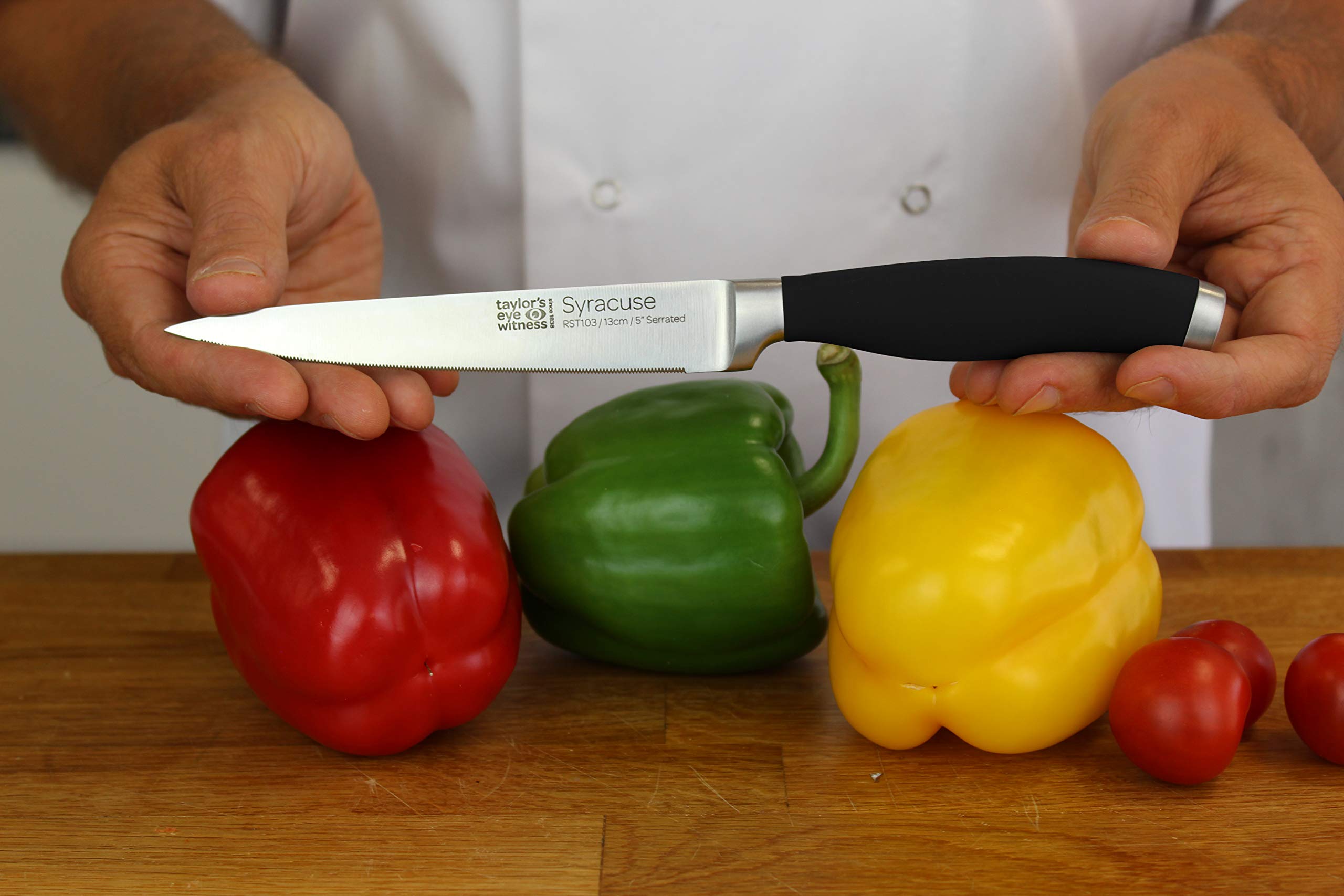 Taylors Eye Witness Syracuse Serrated Utility Kitchen Knife - Professional 13cm/5β Cutting Edge, Multi Use. Ultra Fine Toothed, Razor Sharp Blade. Soft Textured Grip Matte Black Handle.