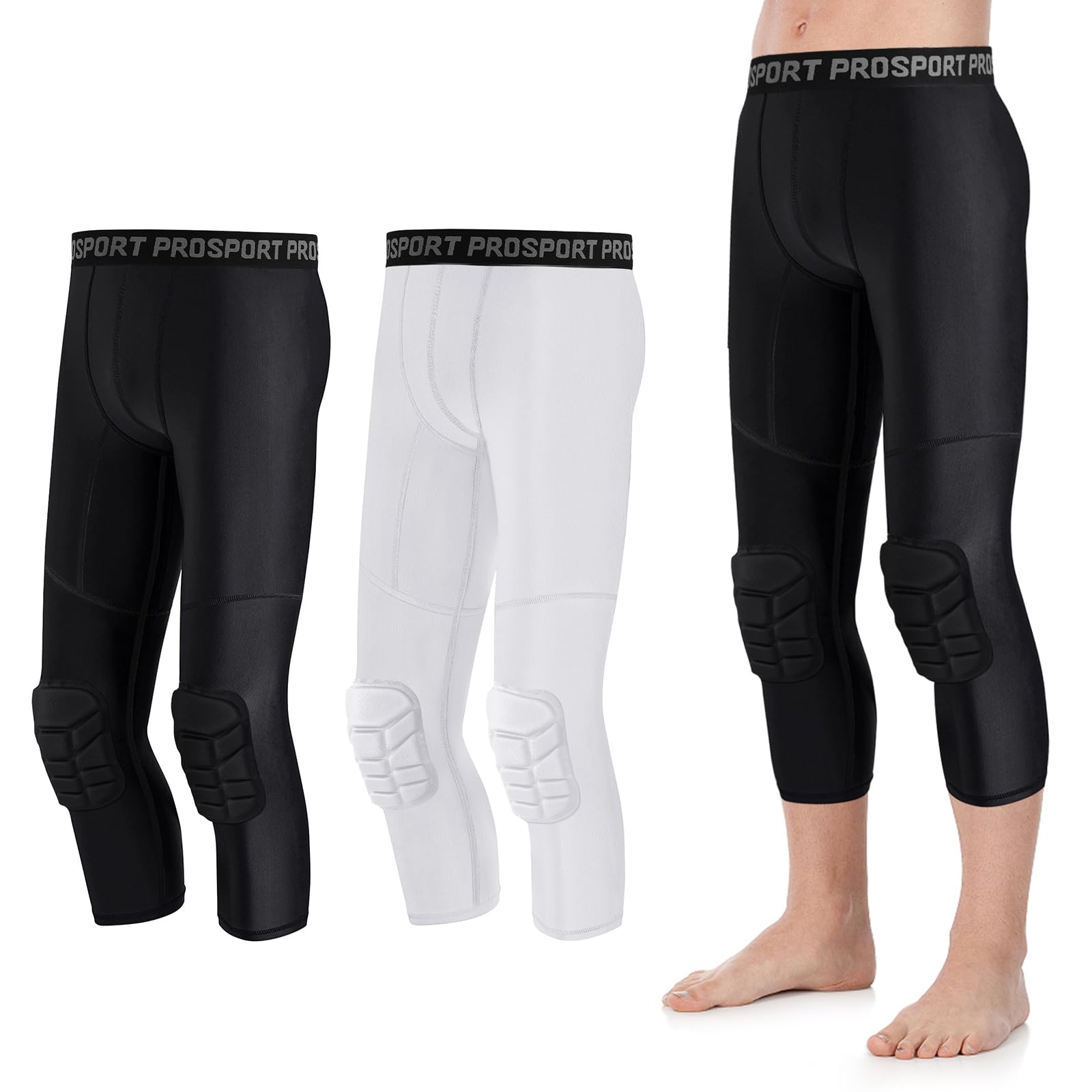 Valcatch 2 Pack Men's Basketball Leggings with Knee Pads 3/4 Compression Pants Youth Capri Athletic Tights Base Layer