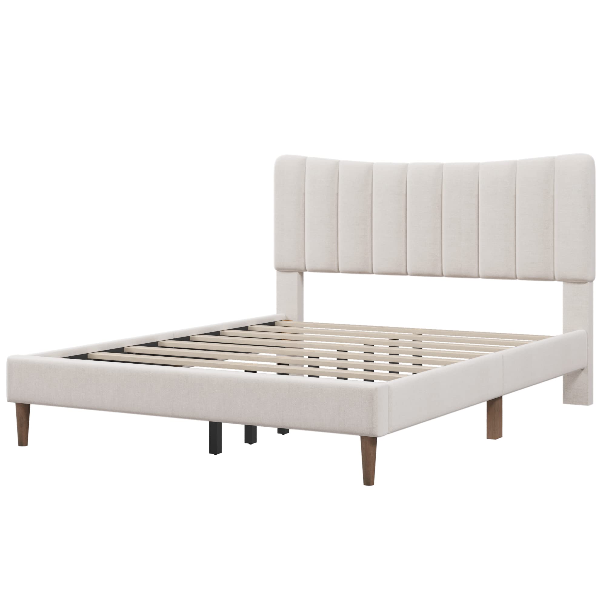 MegaChunk Upholstered Platform Bed Frame with Vertical Channel Tufted Headboard, Robust Plywood and MDF Construction, No Box Spring Needed, Queen Size, Grey