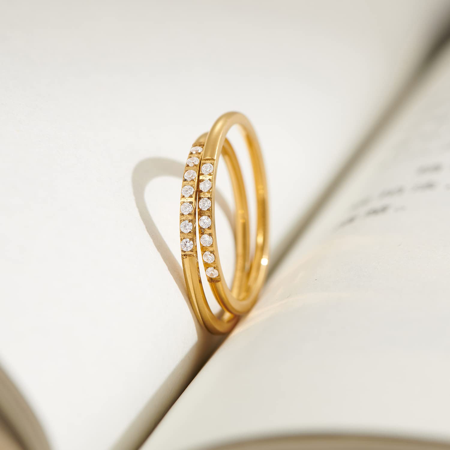 NOKMIT 1.5mm 2Pcs 14K Gold Half Eternity Ring for Women Thin Cubic Zirconia Stacking Engagement Bands Comfort Fit Size 5-10 (Gold-7CZ, 9)