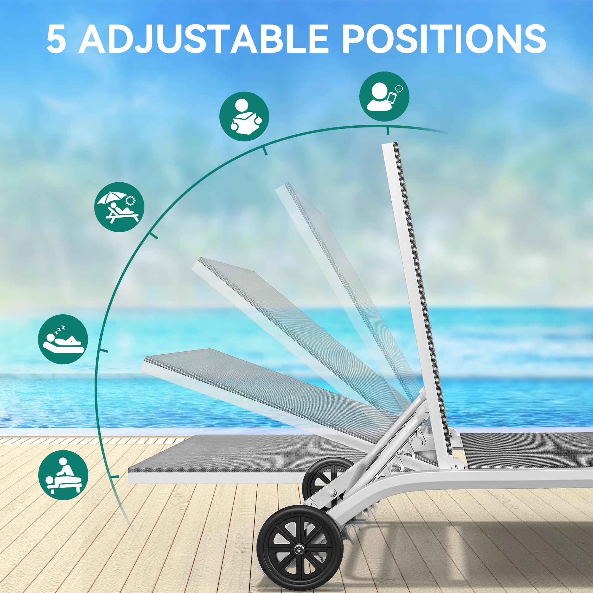 YITAHOME Aluminum Chaise Lounge Outdoor, Widened Patio Lounge Chair with Wheels, 5-Position Adjustable Sunbathing Recliner for Poolside, Backyard, Lawn (Grey)