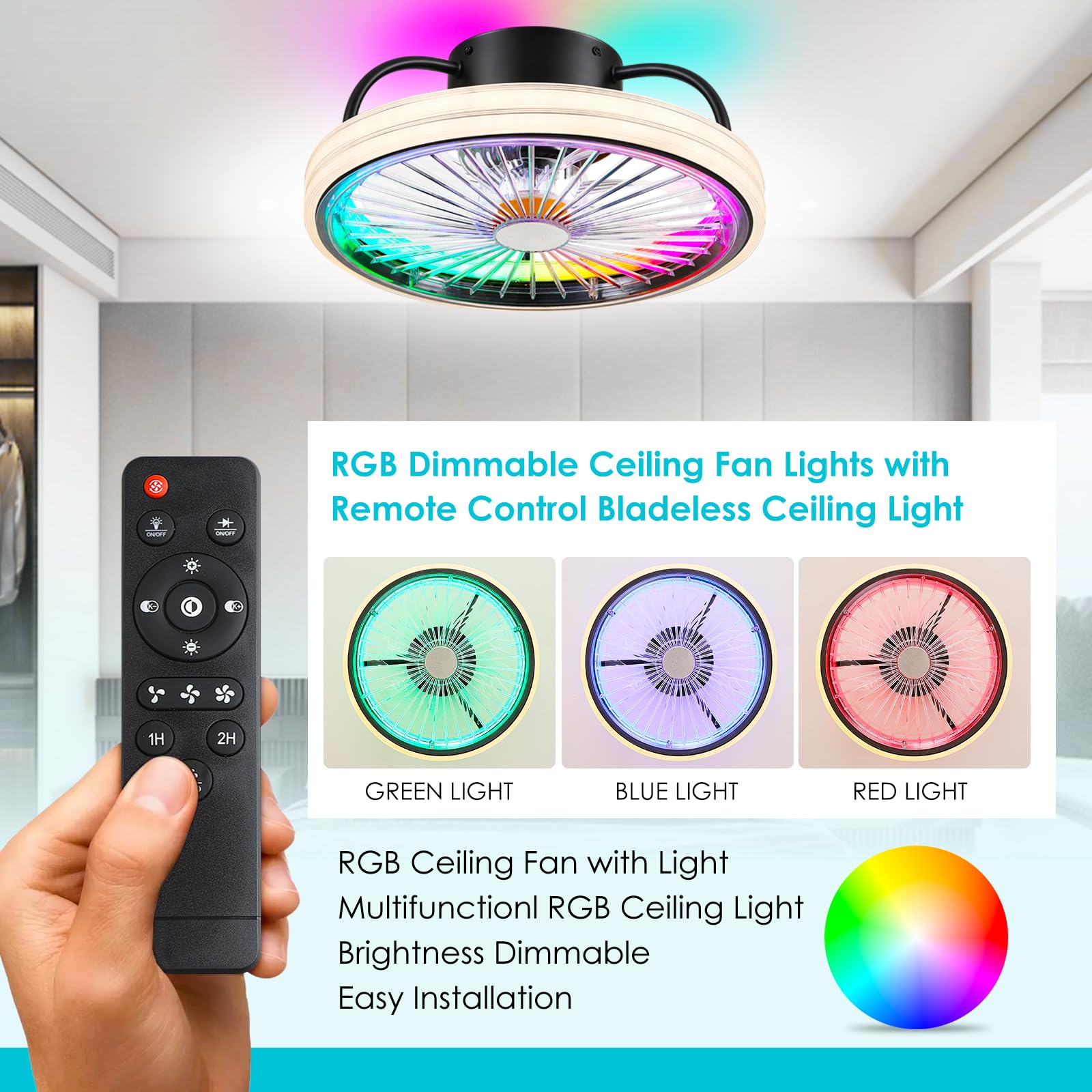 Low Profile Ceiling Fan with Light - Modern Flush Mount Ceiling Fan,15" RGB Dimmable LED Enclosed Ceiling Fans,Modern Bladeless LED-RGB Ambient Light for Bedroom Kids Room Party(Black)