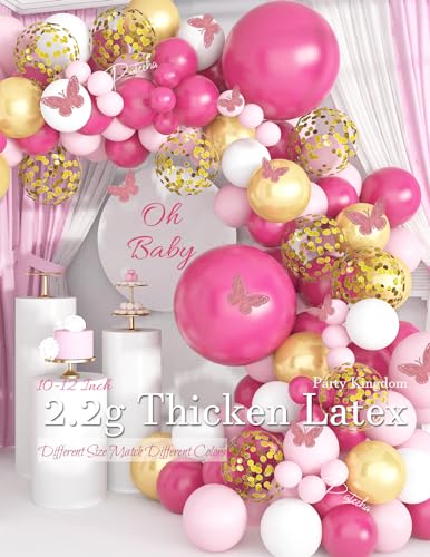Pateeha Pink Balloon Garland Arch Kit 140 Pcs Hot Pink Gold Balloon Arch Baby Shower Decorations for Girl Butterfly Stickers Gold Confetti Latex Balloons for Birthday Bridal Shower Party Decorations