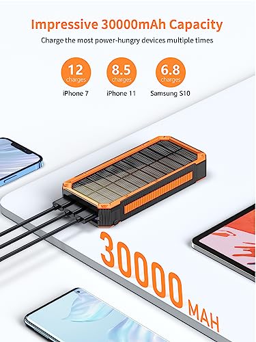 Power-Bank-Solar-Charger - 30000mAh Solar Power Bank, PD 20W Fast Charger,Drop-Proof Waterproof Dustproof Built-in LED Flashlight for iPhone, Tablet, Samsung and More USB Device(Orange)