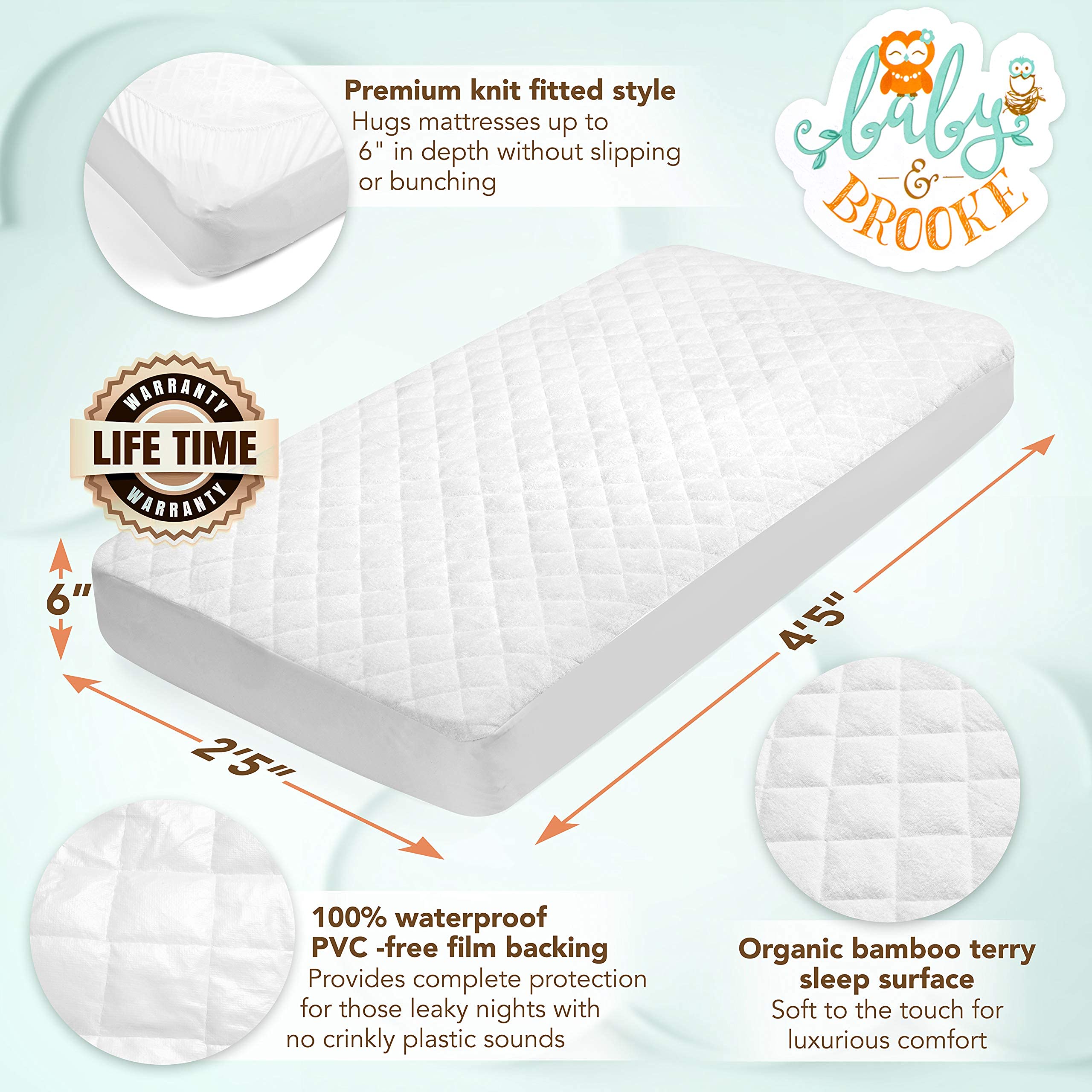Organic Bamboo from Viscose Fitted Crib Mattress Protector Pad by Baby&Brooke β 100% Waterproof, Absorbent, Non-Toxic, Breathable Mattress Cover - (52"x 28"x 8")