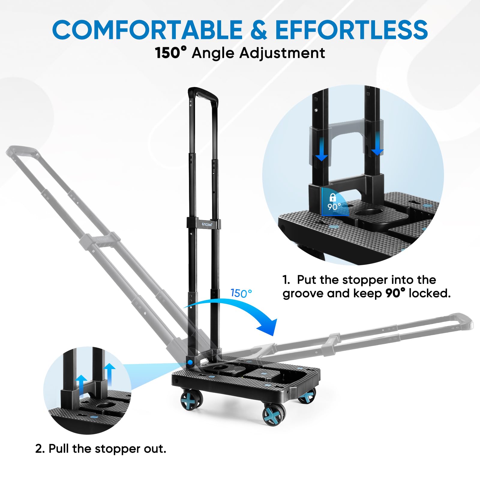TICONN Folding Hand Truck Dolly, Portable Dolly with Adjustable Handle,Lightweight Luggage Utility Cart with 4 Rotate Wheels